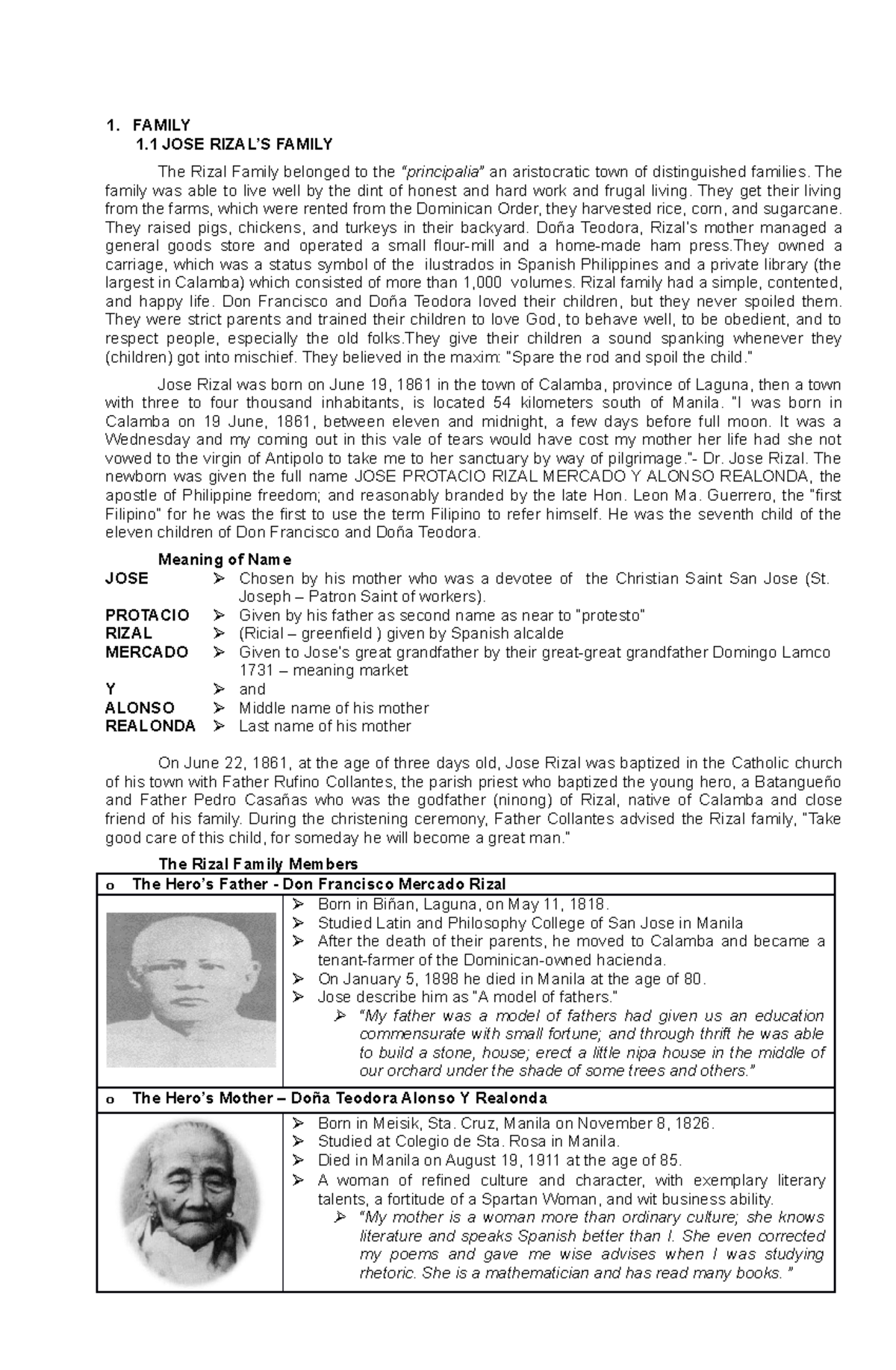 Life, and works of Rizal Module 3 - 1. FAMILY 1 JOSE RIZAL’S FAMILY The ...