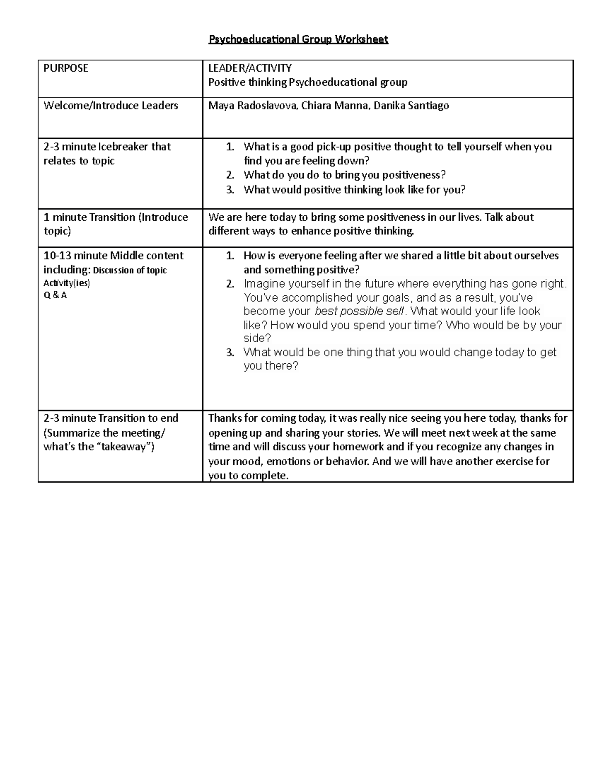 Psychoeducational Group Worksheet - Psychoeducational Group Worksheet ...