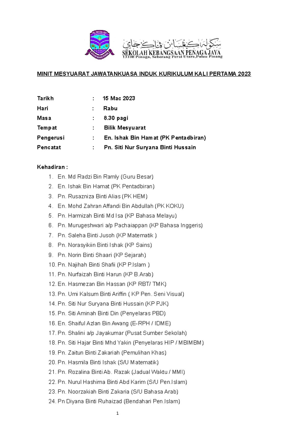 MM JK Induk Kurikulum KALI 1 2023 - MINIT MESYUARAT JAWATANKUASA INDUK KURIKULUM KALI PERTAMA 20 ...