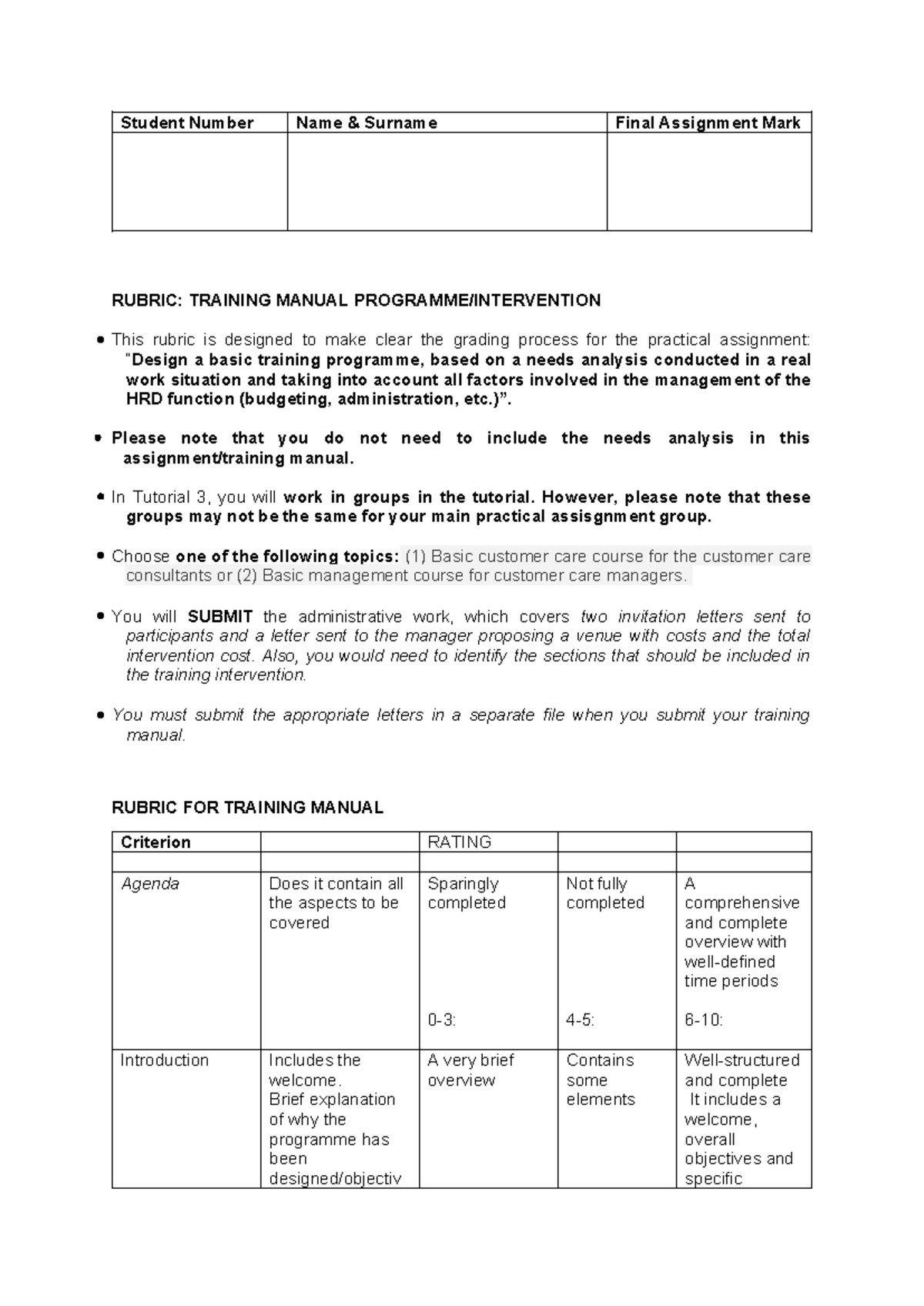 Rubric Training Manual - Student Number Name & Surname Final Assignment ...