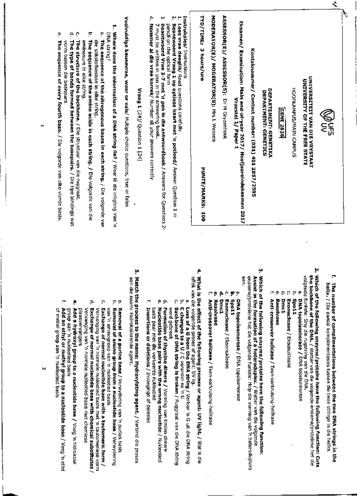 GENE2626 exam past paper 1 2017 download - GENE2626 - UFS UV - Studocu