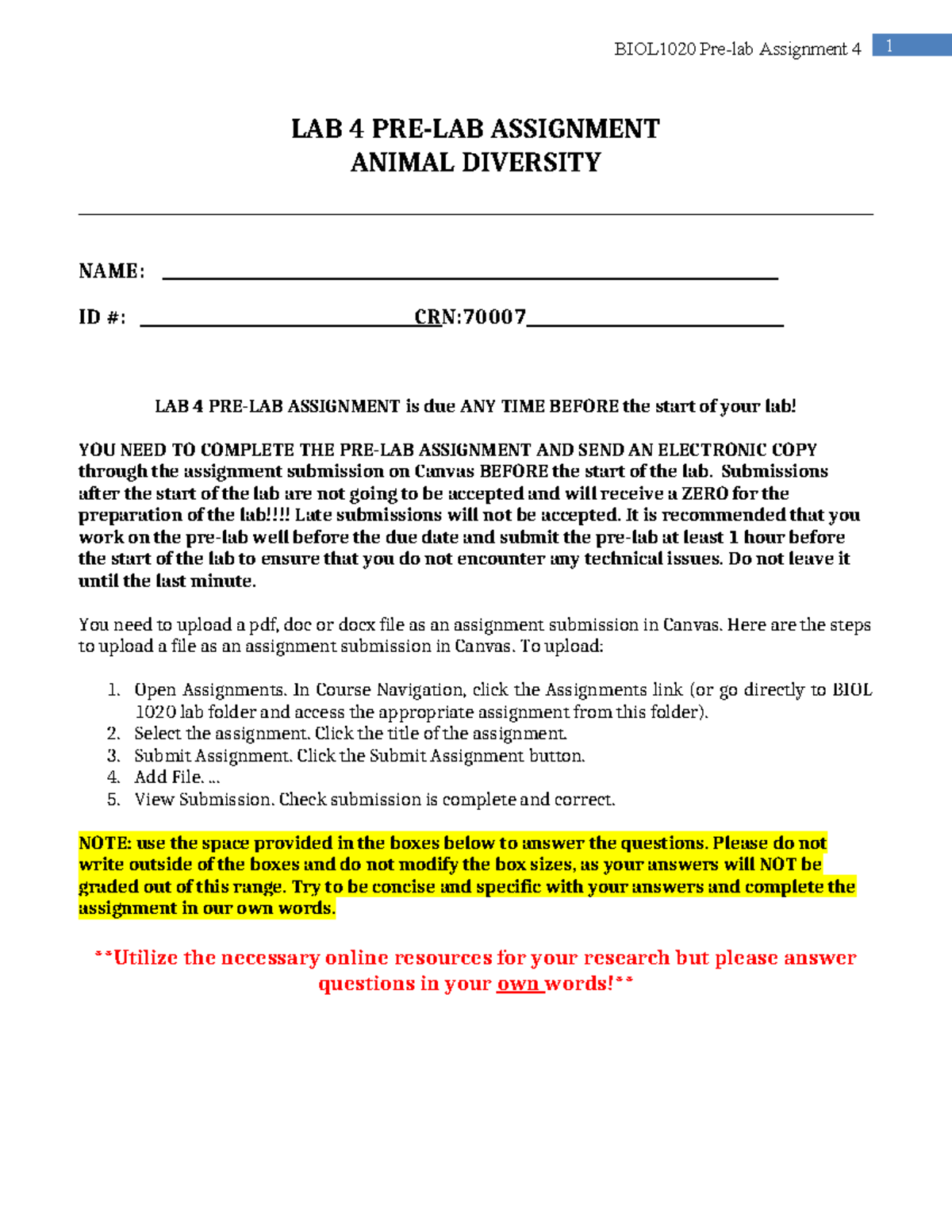 1 Lab 4 Pre-lab assignment-1 - LAB 4 PRE-LAB ASSIGNMENT ANIMAL ...