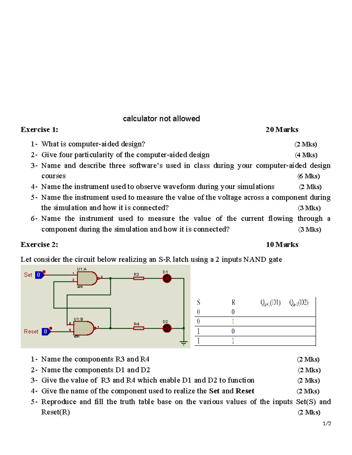 EEC219 Exams - simulation of electronics circuit - Exercise 1: 20 Marks ...