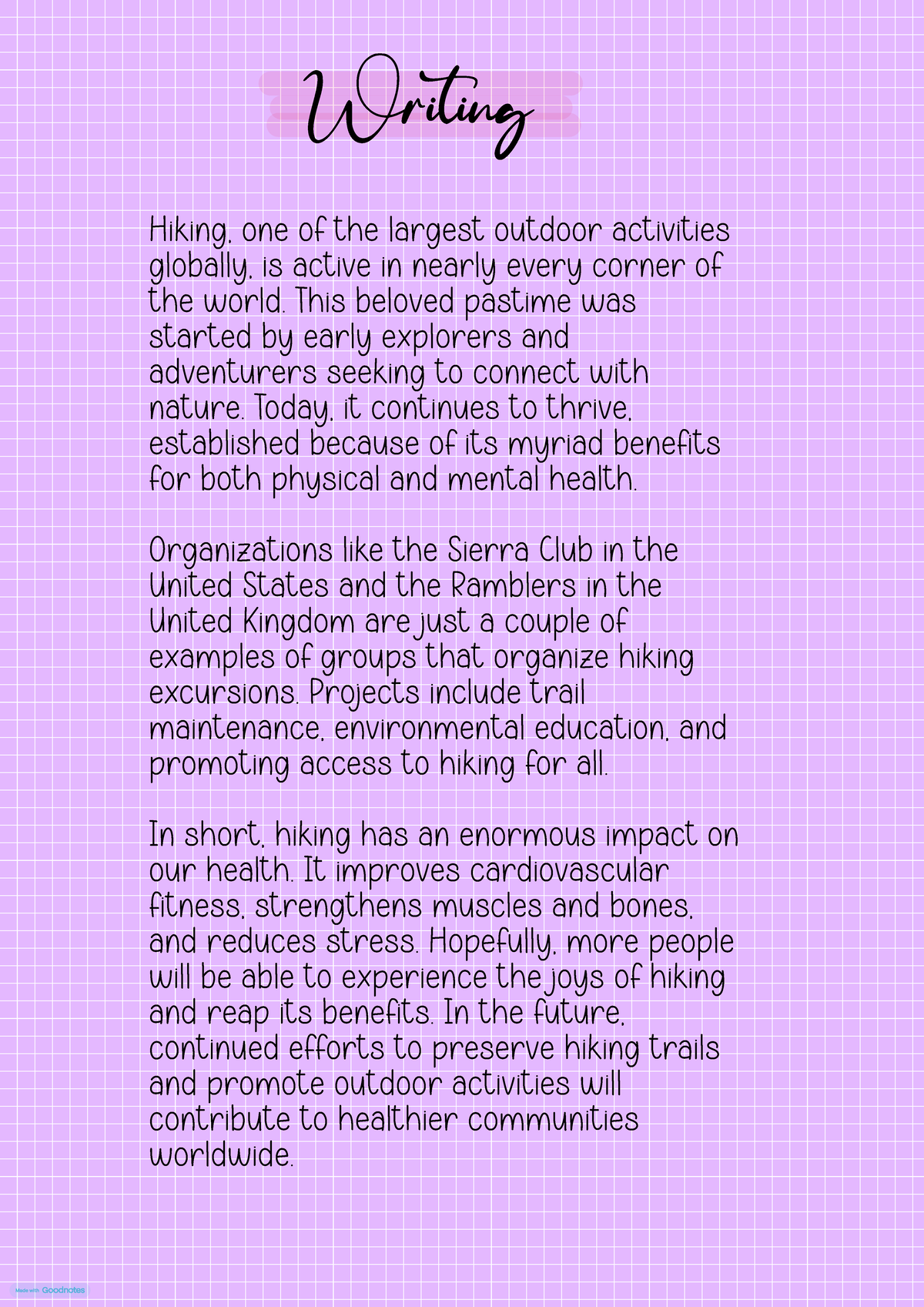 Inglés - writing de ingles de 1 bach - Hiking, one of the largest ...