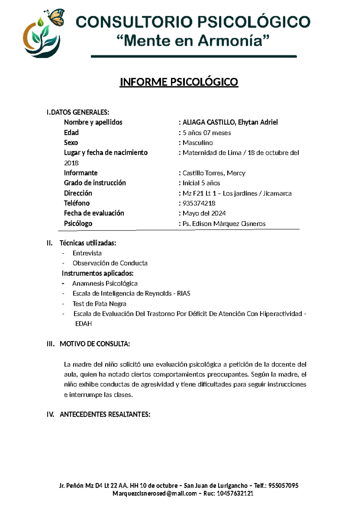 Aliaga Castillo, Ehytan Adriel - INFORME PSICOLÓGICO I GENERALES ...