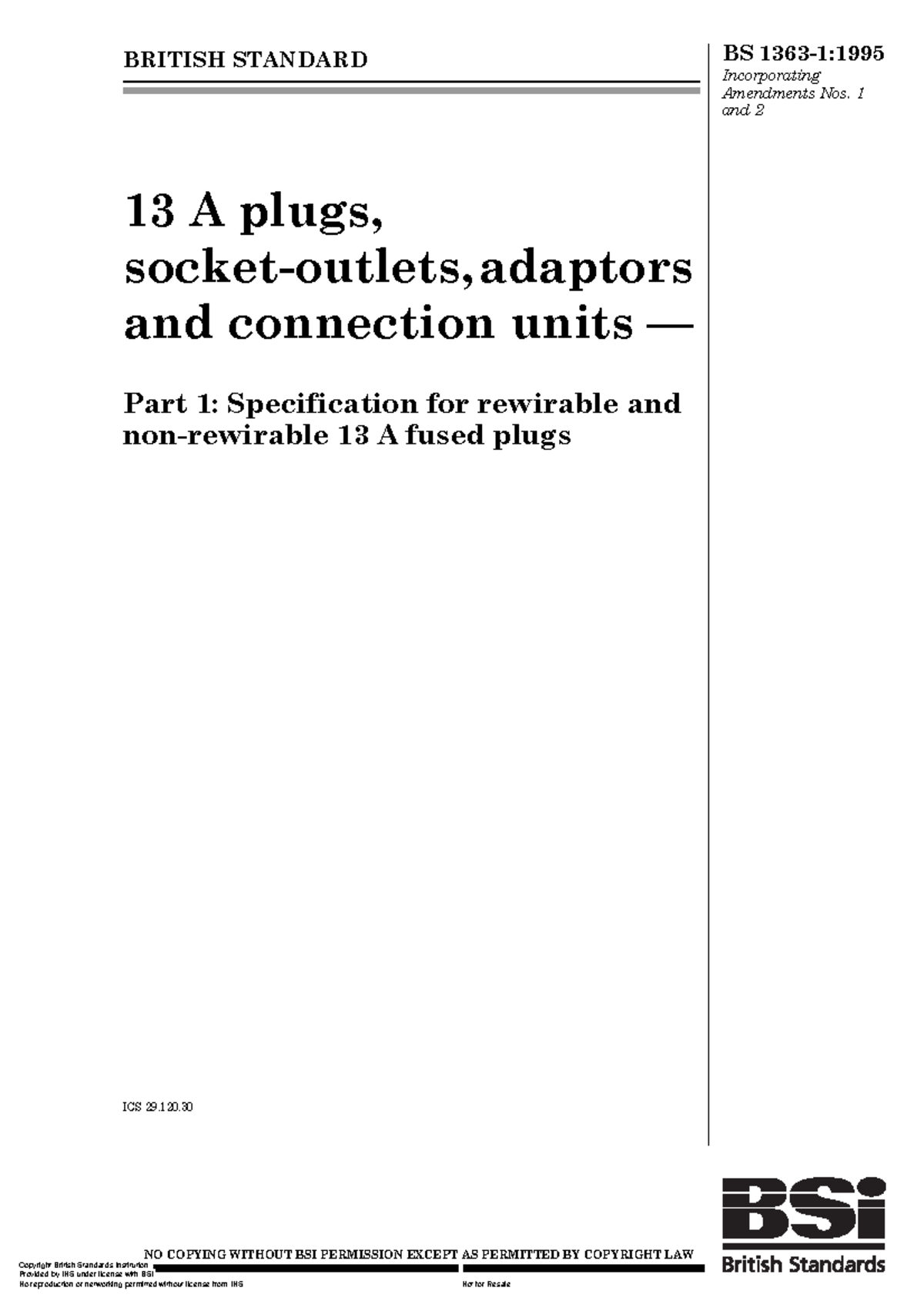 Bs-1363-1995-part 1 (13A plugs) - BRITISH STANDARD BS 1363-1 ...