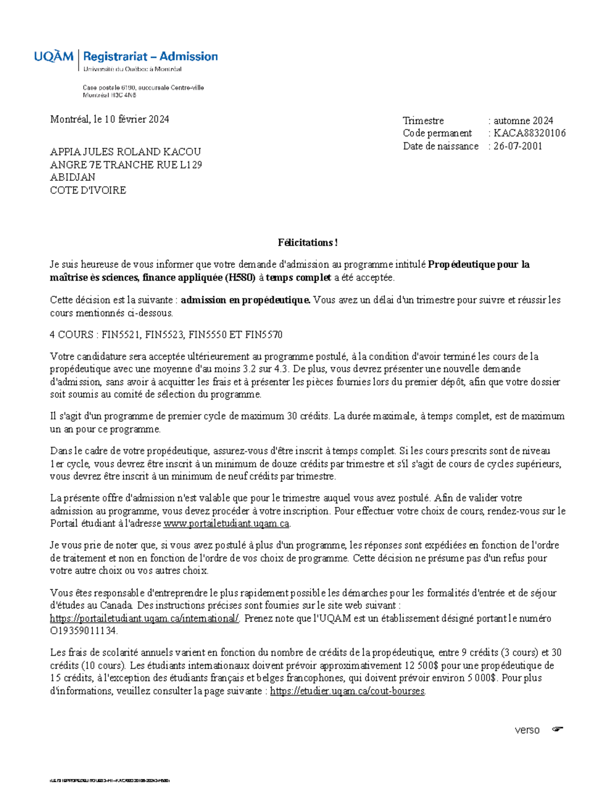 Lettre d'acceptation Université de Montréal au Québec - - Studocu