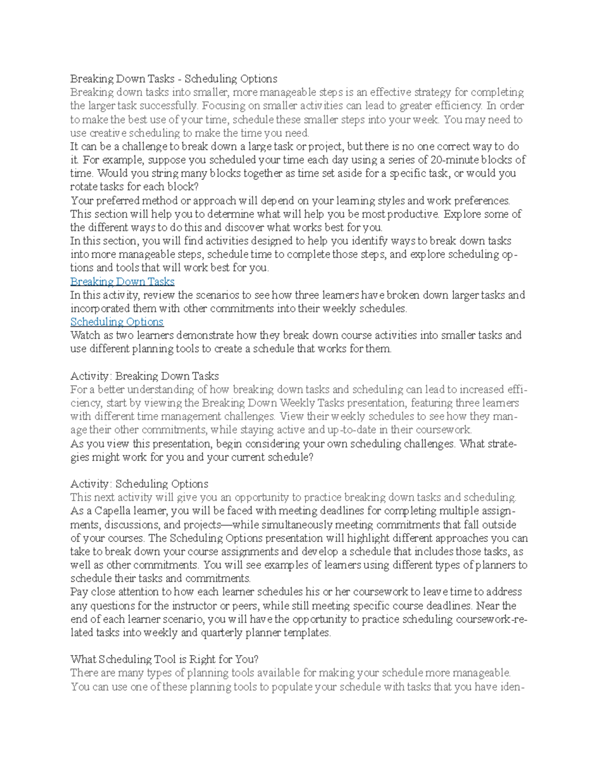 Breaking Down Tasks - Scheduling Options - Breaking Down Tasks ...