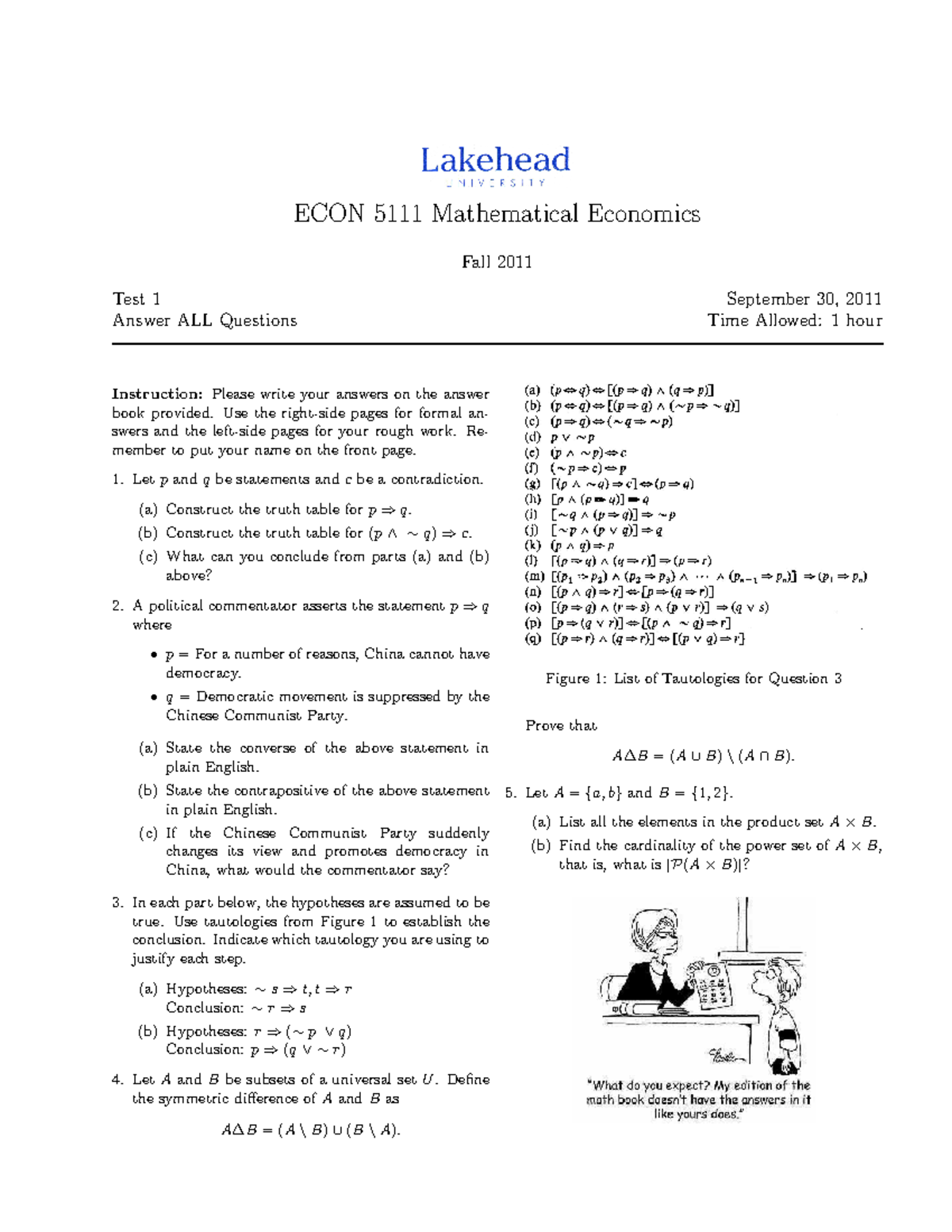 Exam 2011, questions - ECON Mathematical Economics Fall 2011 Test 1 ...