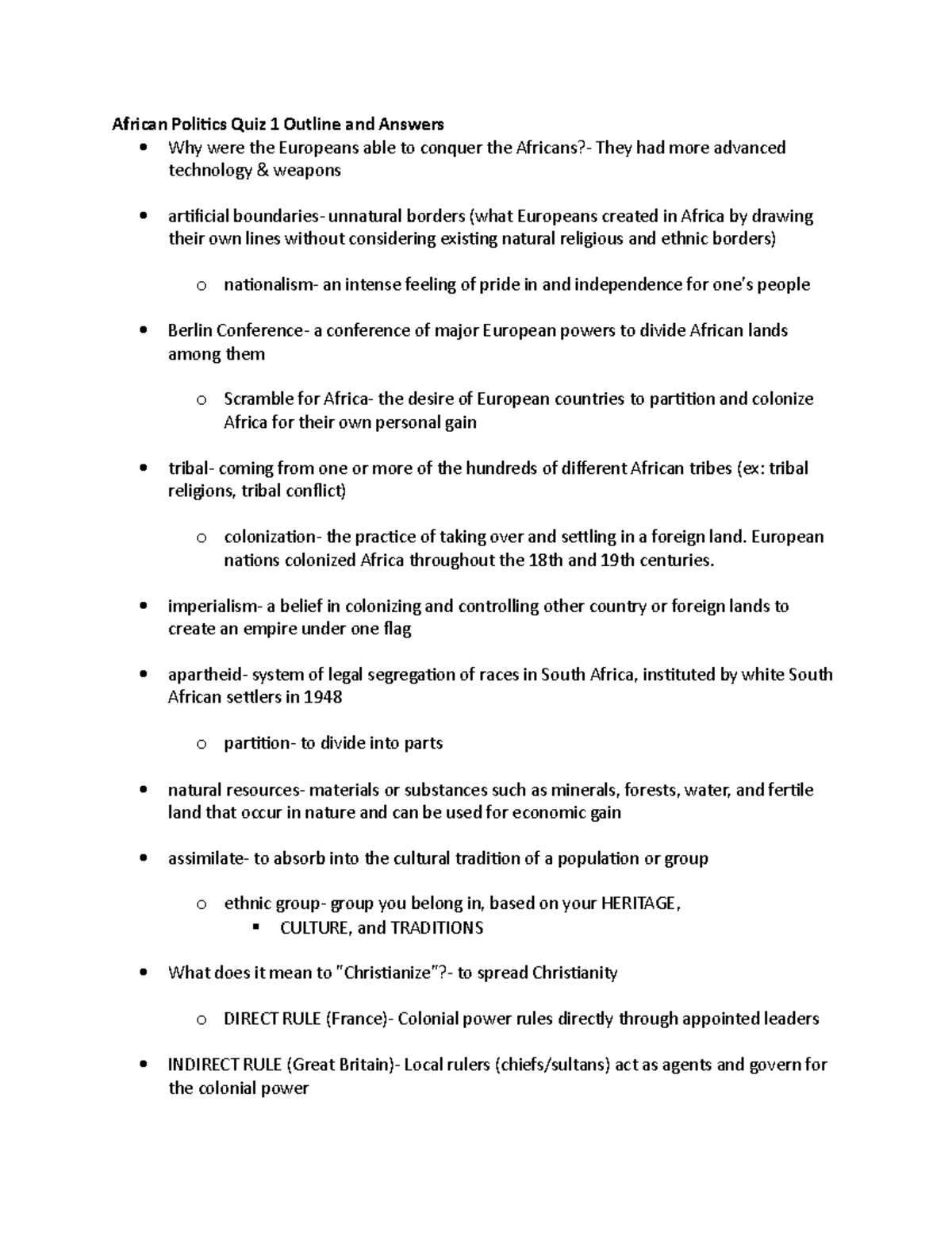 African Politics Quiz 1 Outline and Answers - African Politics Quiz 1 ...
