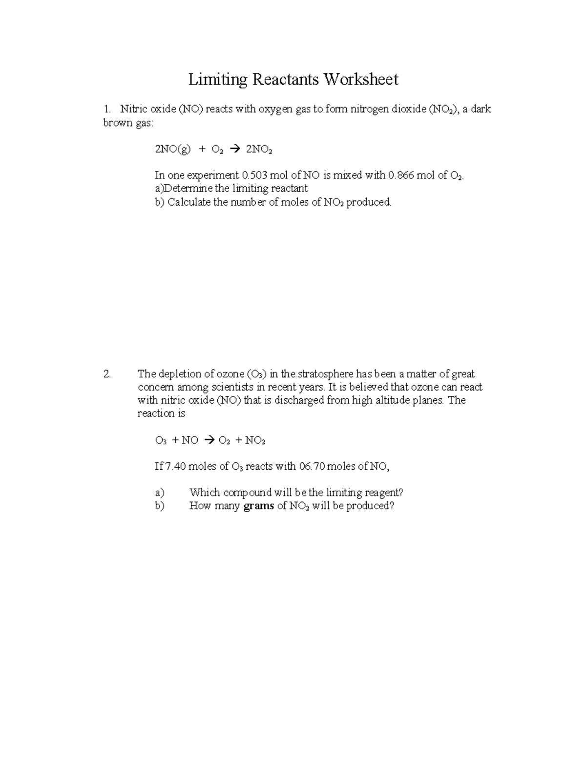 Limiting Reactants Homework - Limiting Reactants Worksheet Nitric oxide ...