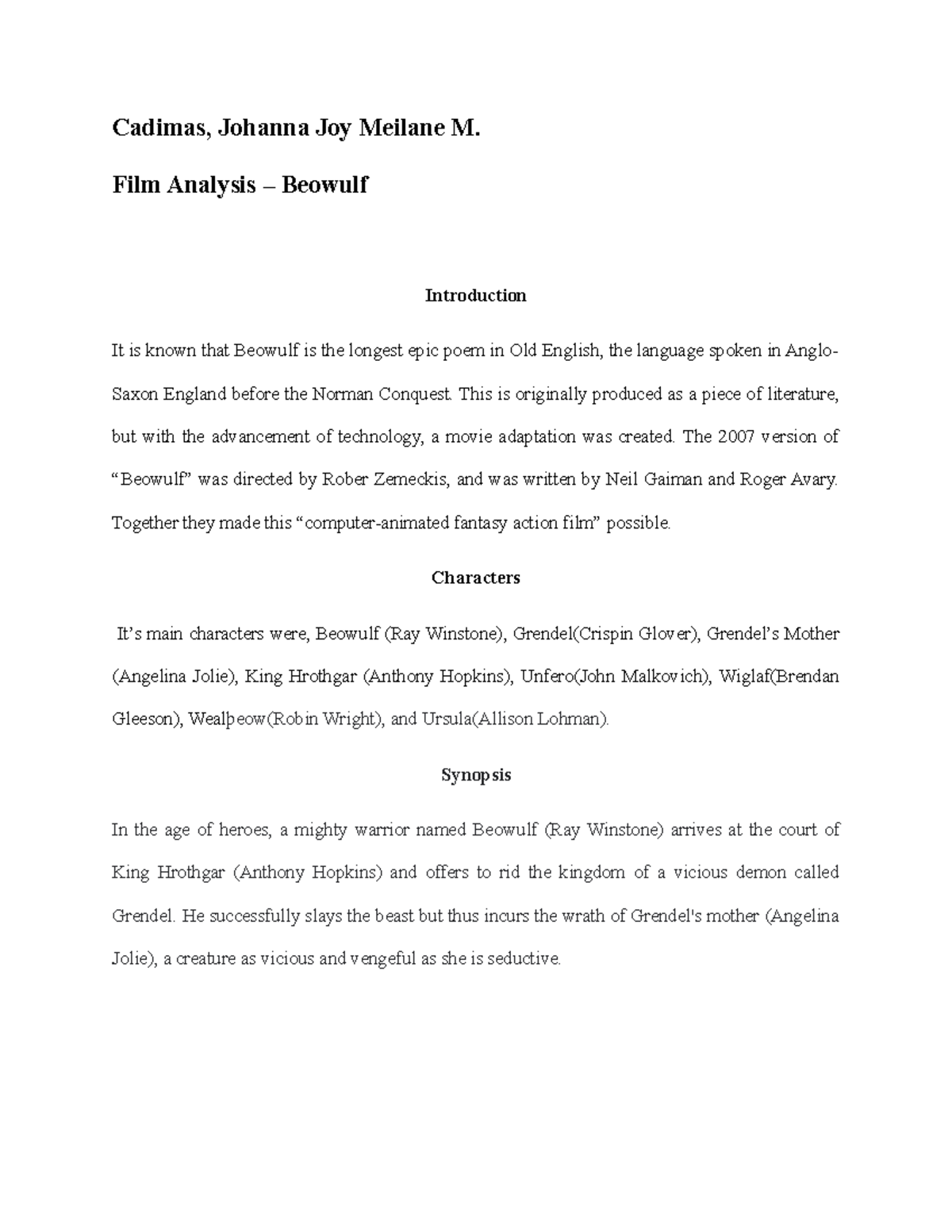 Beowulf - Cadimas, Johanna Joy Meilane M. Film Analysis – Beowulf ...