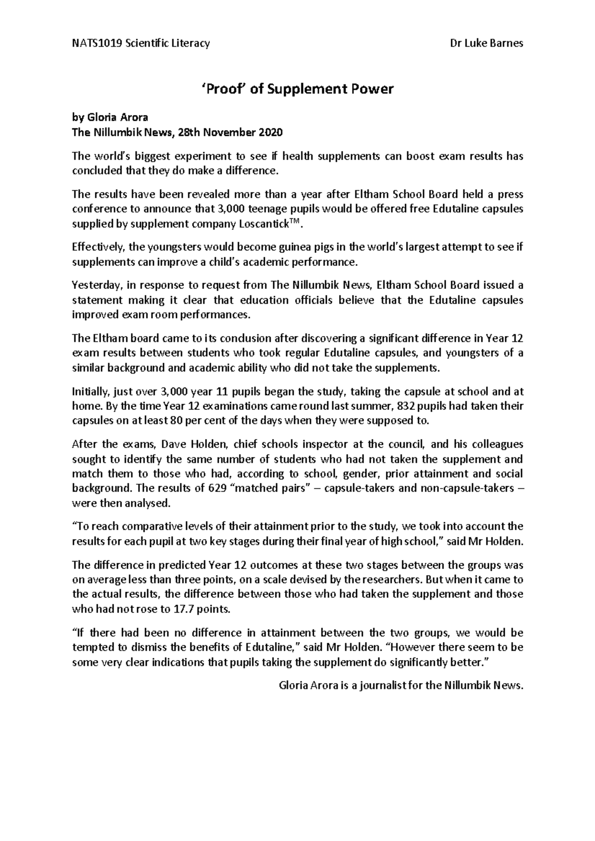 Edutaline 4Second Trial Results - NATS1019 Scientific Literacy Dr Luke ...