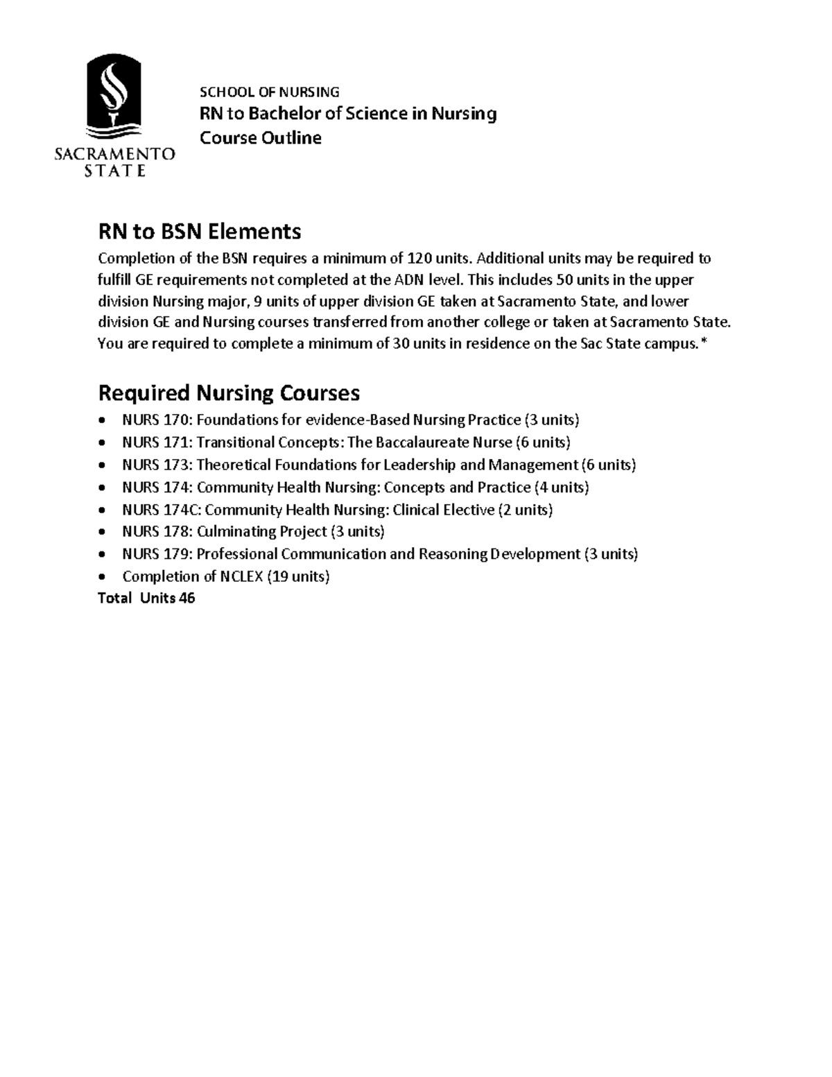 Rn-bsn course outline - Nursing - SCHOOL OF NURSING RN to Bachelor of ...