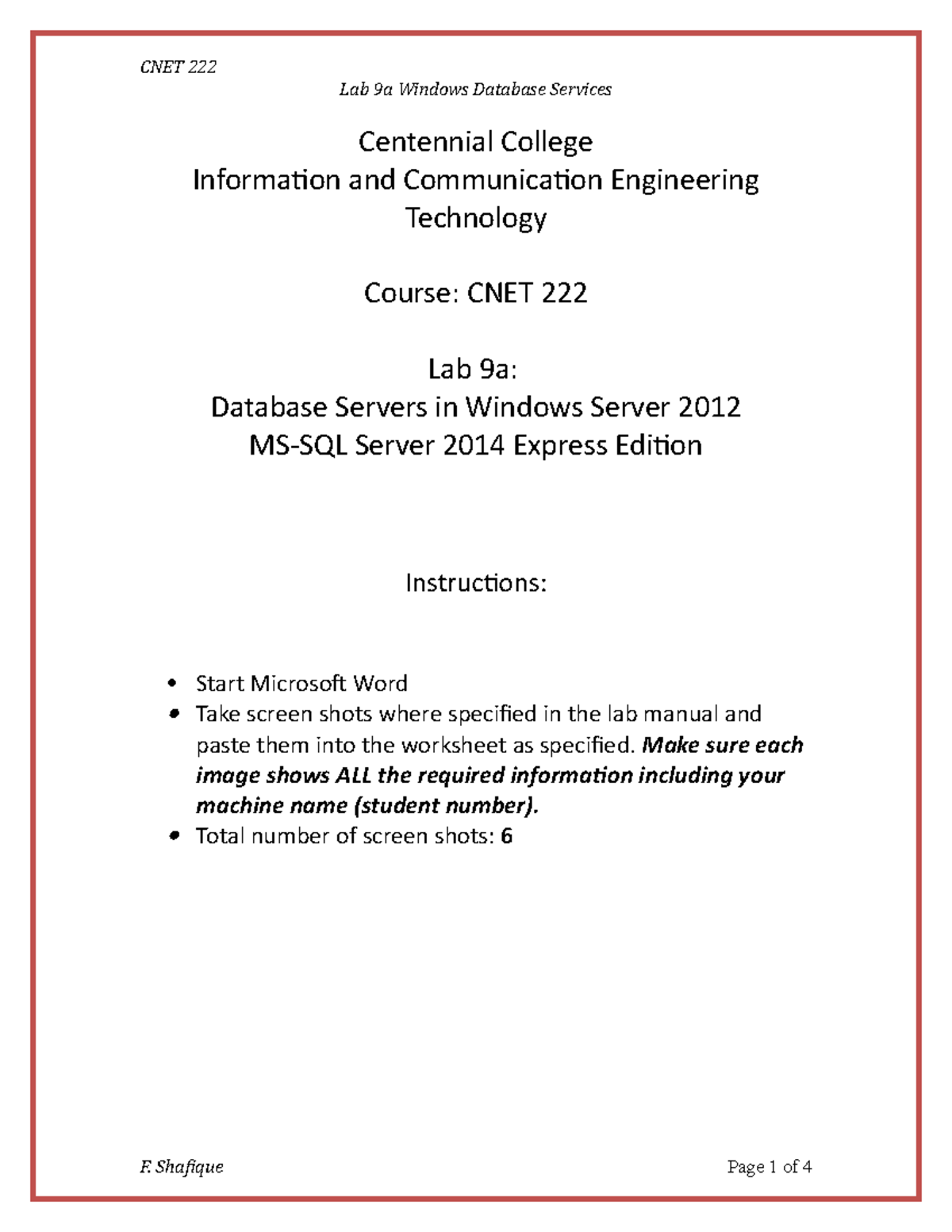 Lab9a - Worksheet - assignment - Lab 9a Windows Database Services ...