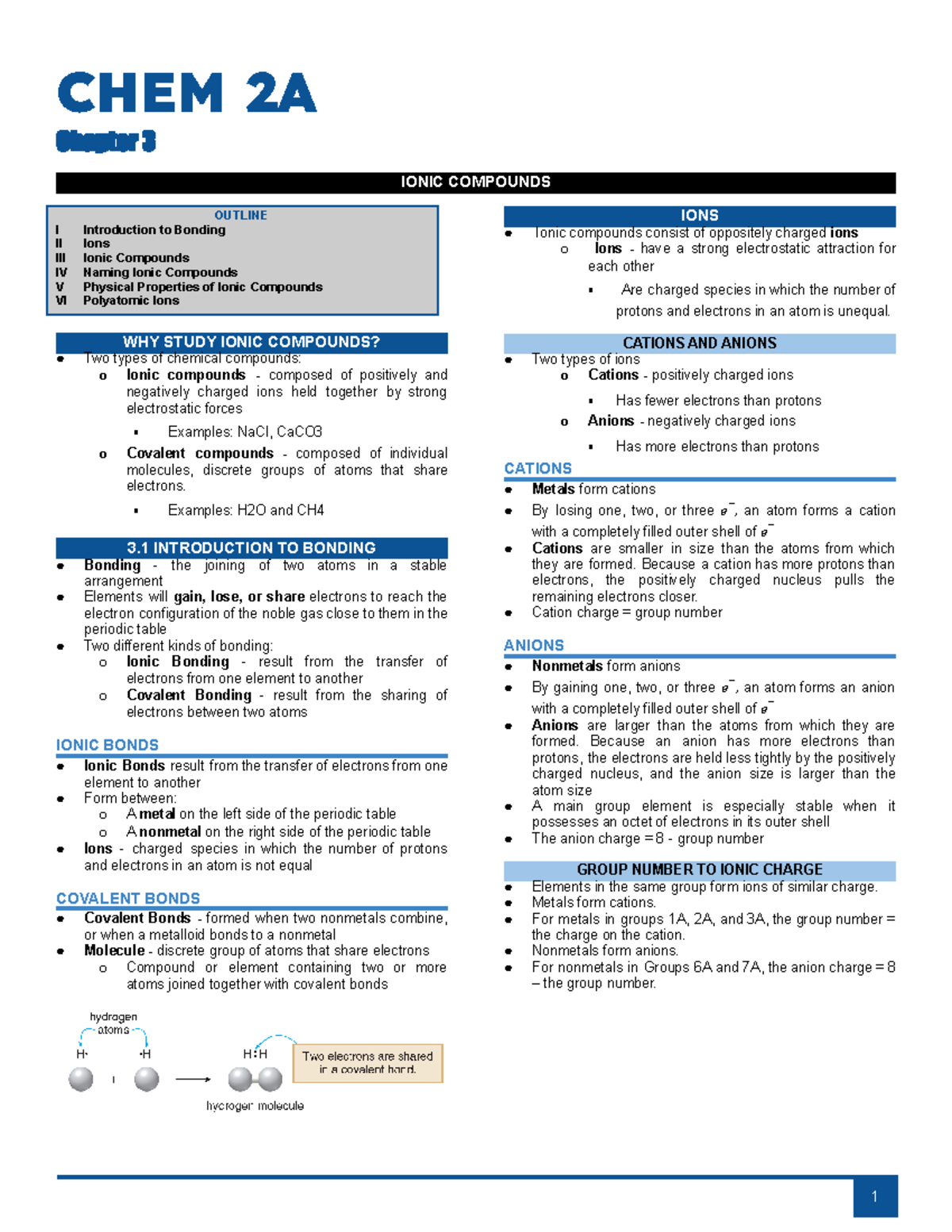 Ionic Compounds CHEM CH3 - CHEM 2A Chapter 3 IONIC COMPOUNDS OUTLINE I Introduction to Bonding ...