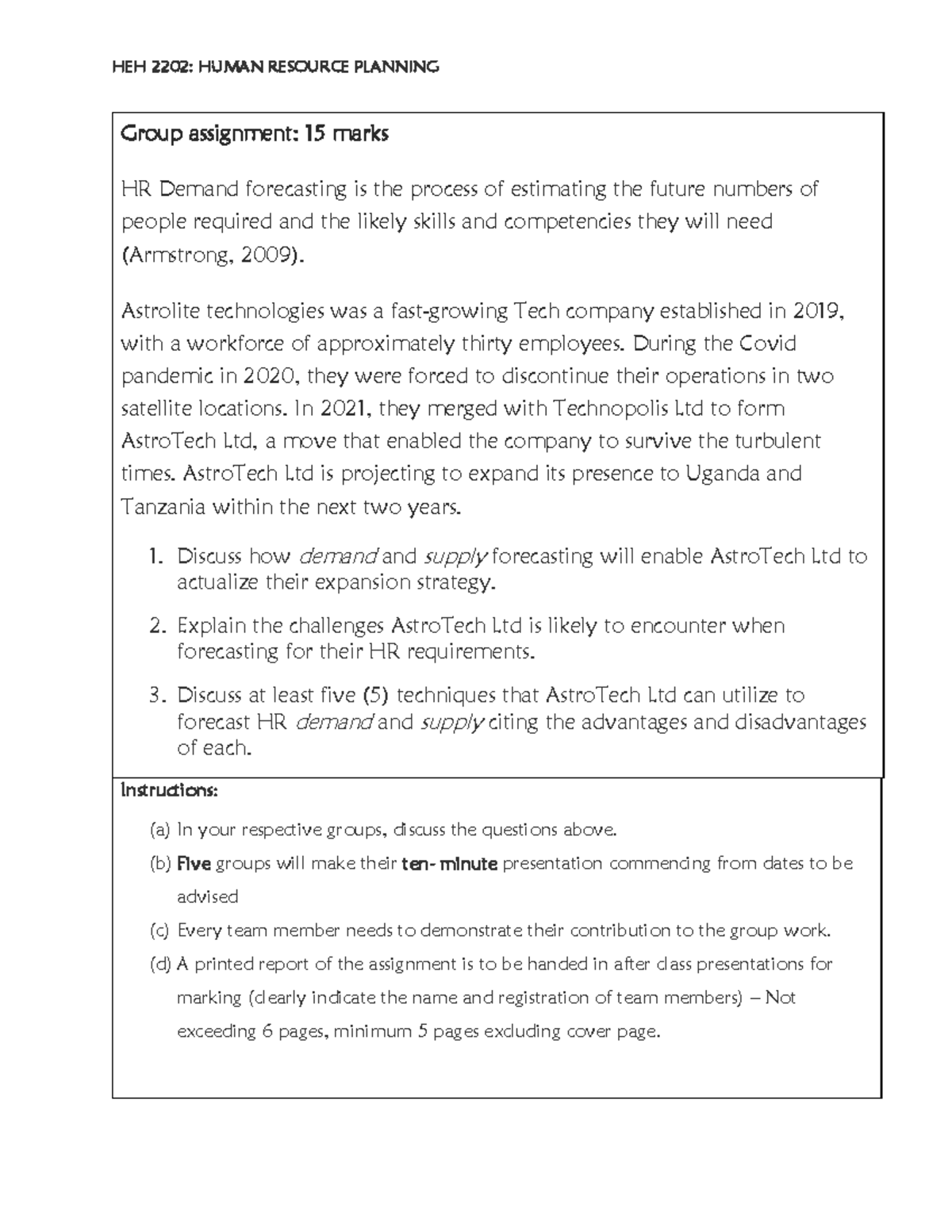 HR planning Assignment - HEH 2202: HUMAN RESOURCE PLANNING Group ...