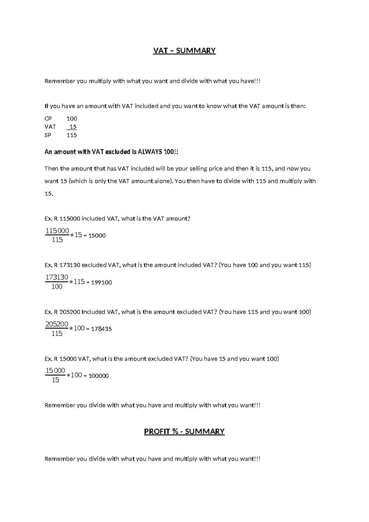VAT+and+Profit+ +summary - VAT – SUMMARY Remember you multiply with ...