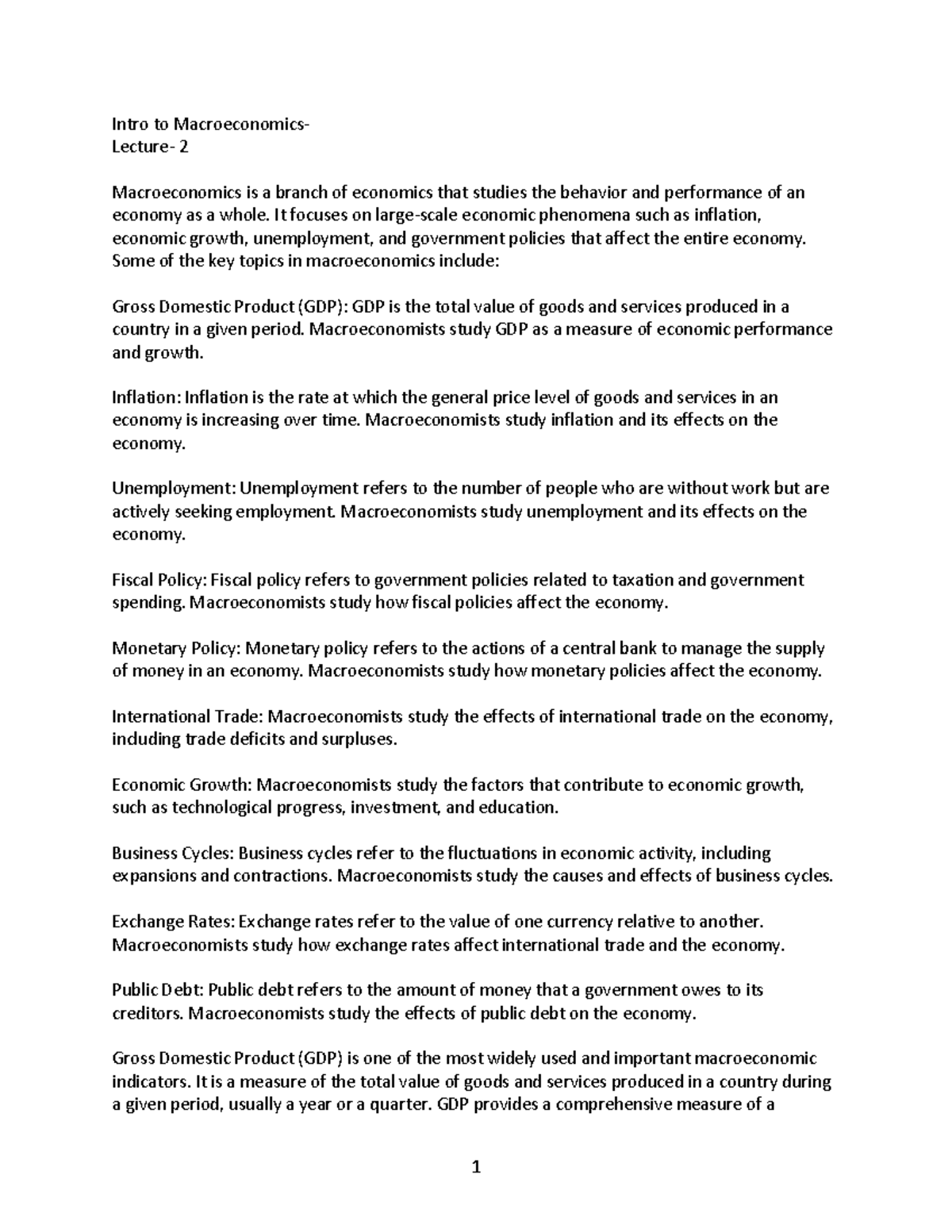 Intro To Microeconomics Lecture 2 Notes 1 Intro To Macroeconomics Lecture 2 Macroeconomics