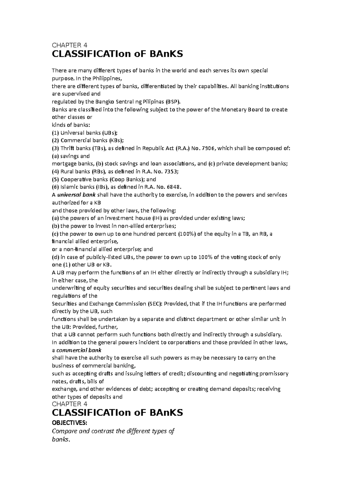 Chapter 4 - CHAPTER 4 CLASSIFICATIon oF BAnKS There are many different ...