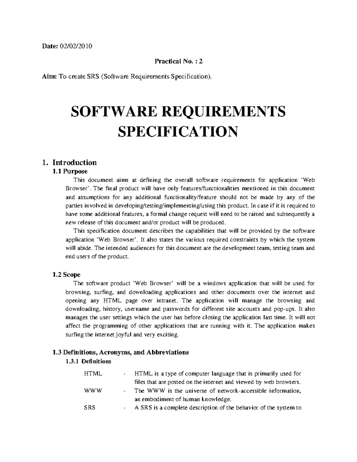 Webbrowser-srs - good - Date: 02/02/ Practical No. : 2 Aim: To create SRS (Software Requirements ...