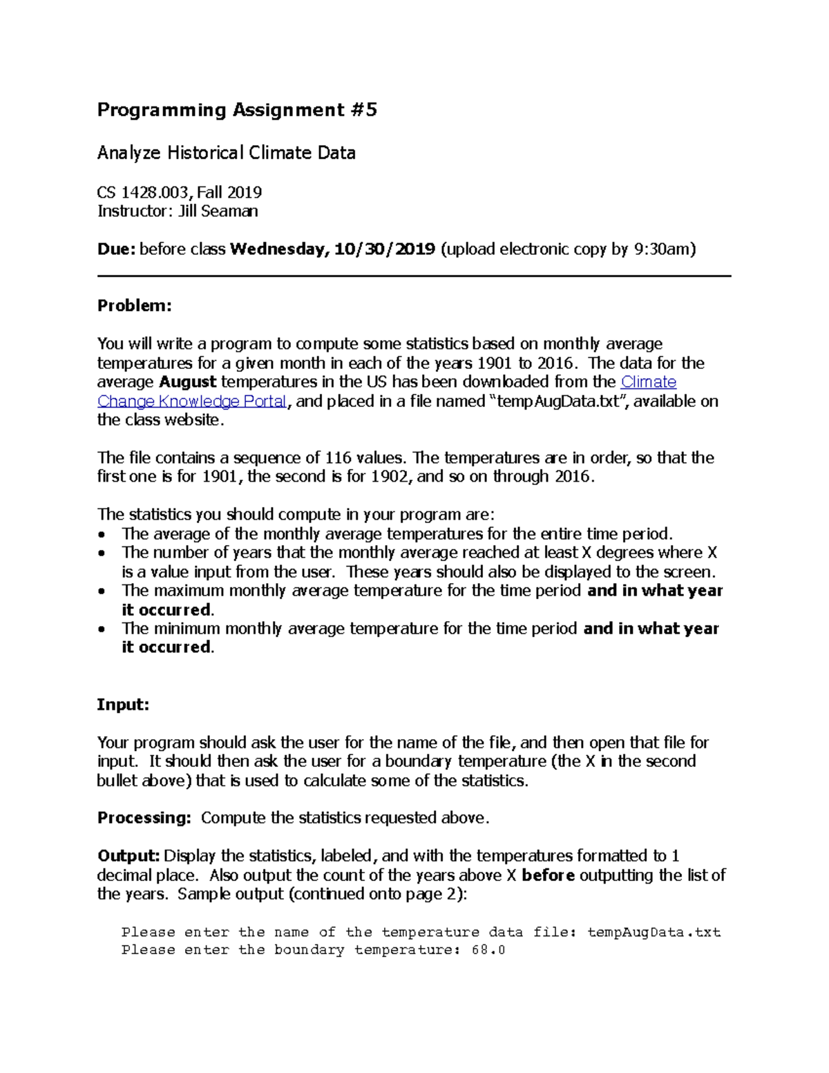 Assign 5 - Programming Assignment Analyze Historical Climate Data CS 1428, Fall 2019 Instructor ...