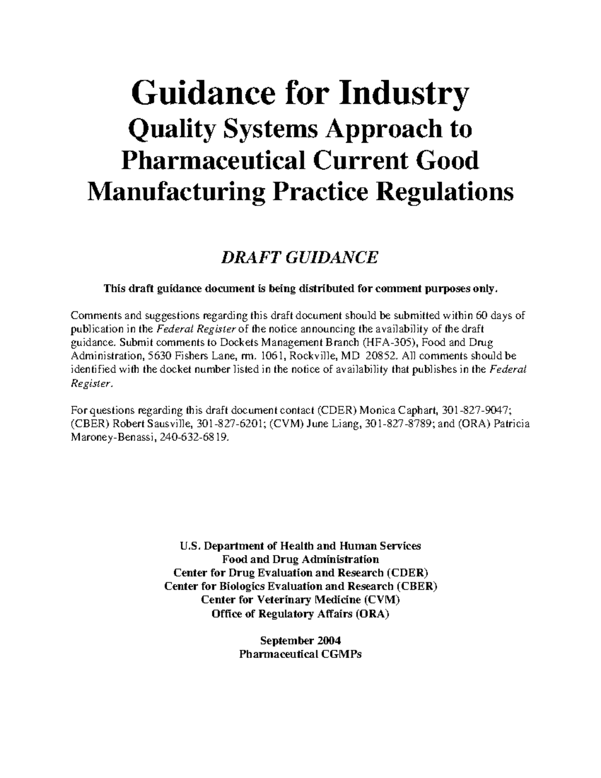 Fda Guidance Quality Systems- Pharma Gmp Regulations - Guidance for ...