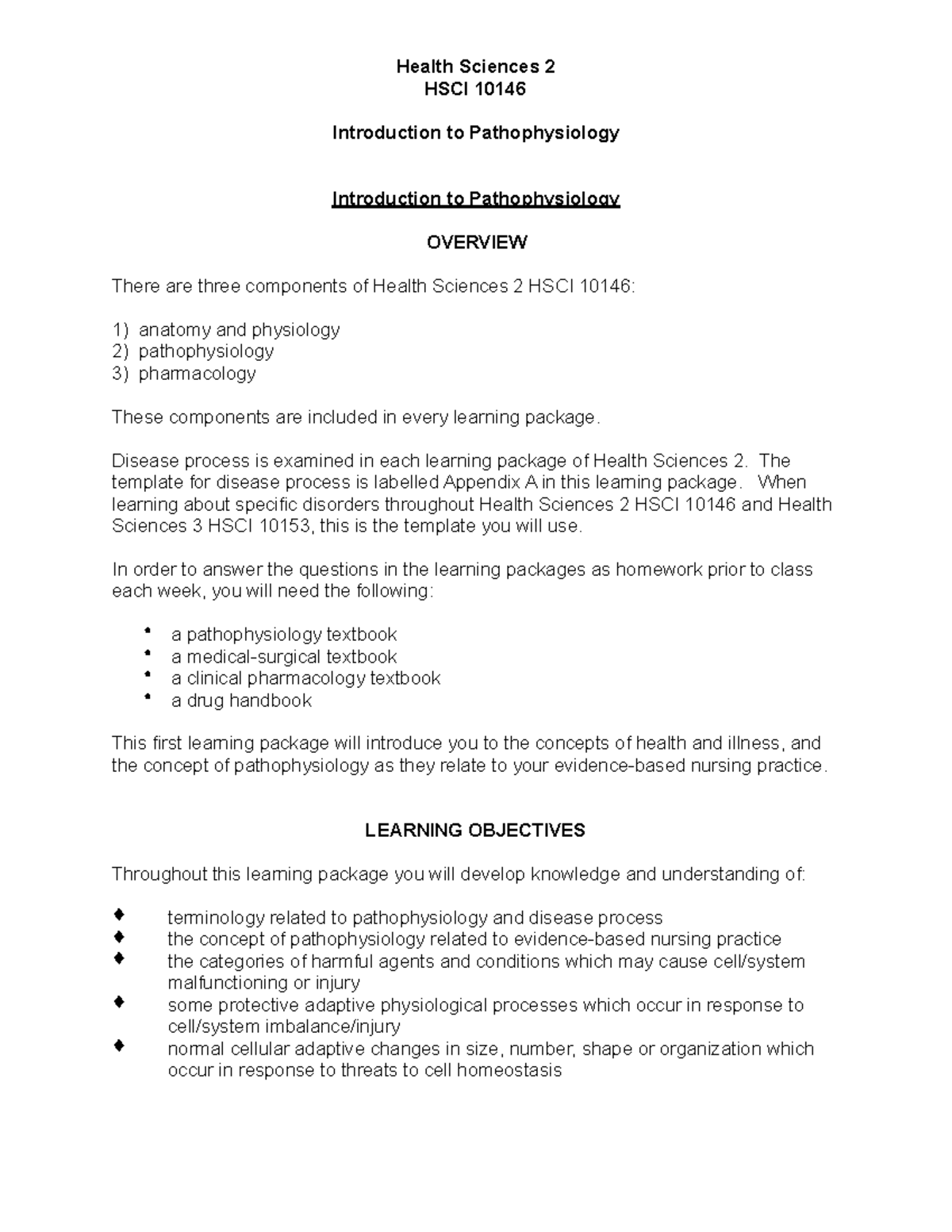 Introduction To Pathophysiology Learning Package - HSCI 10146 ...