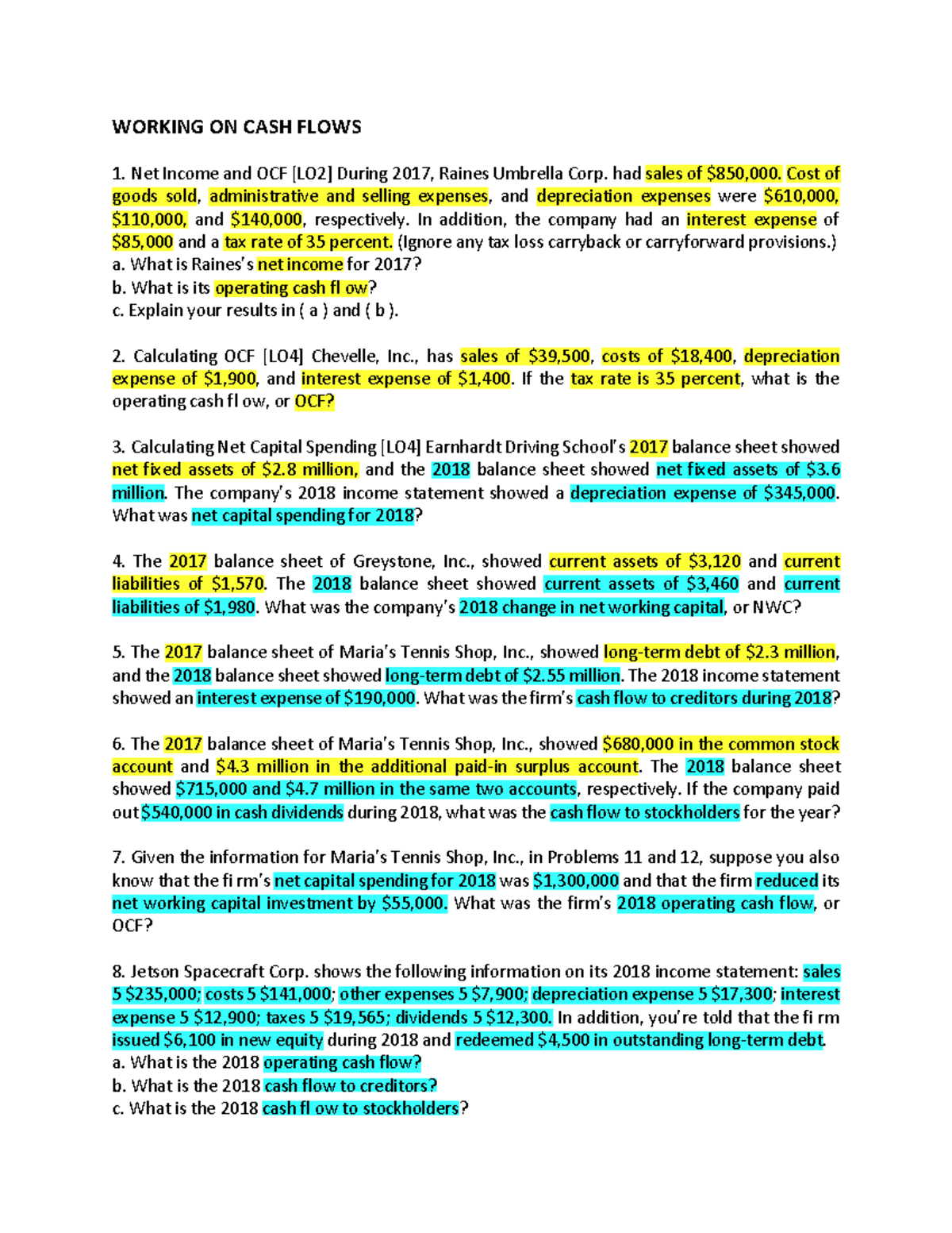 Exercise 3. Cash flows statements and working - WORKING ON CASH FLOWS ...