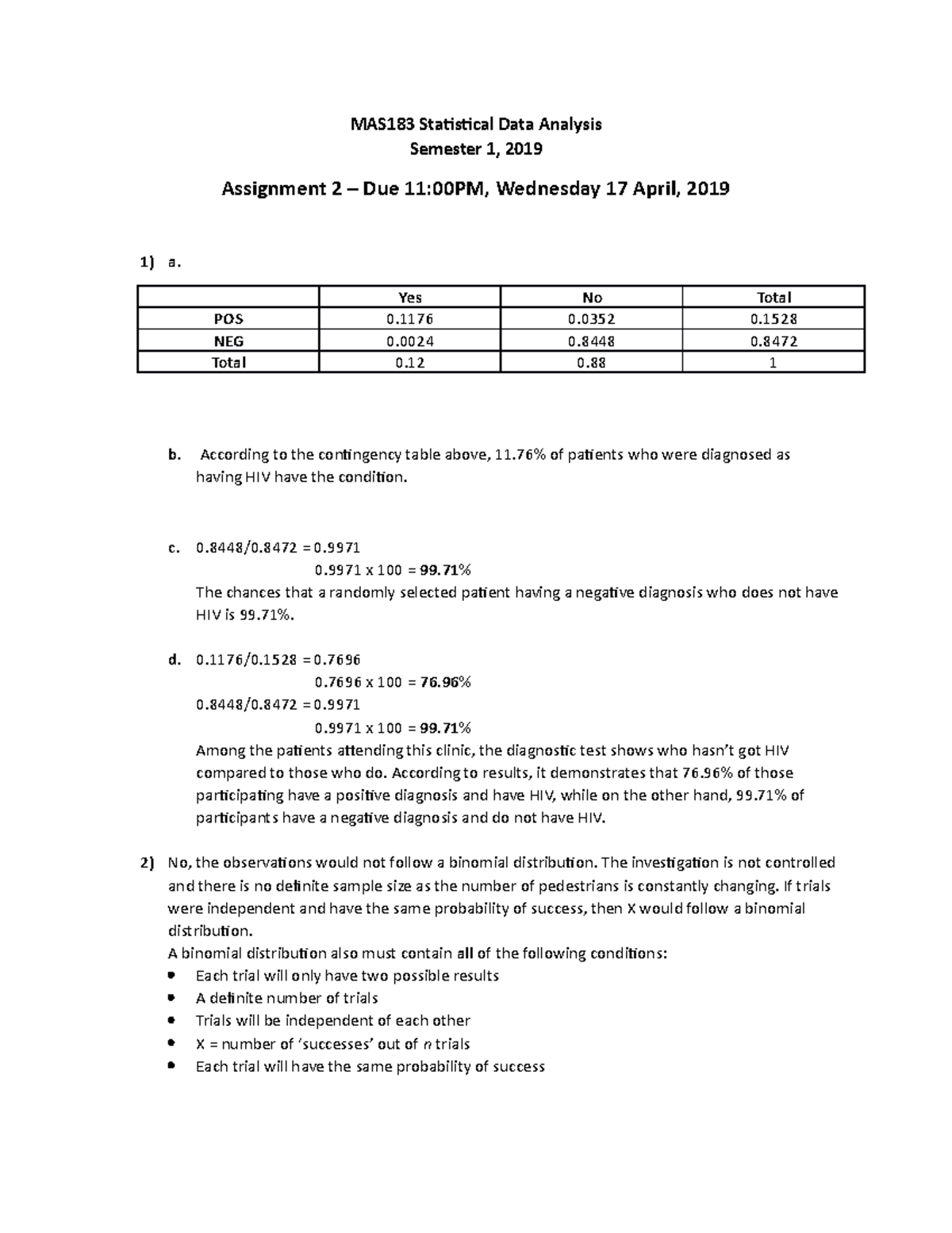 MAS183 Assessment 2 - MAS183 Statistical Data Analysis Semester 1, 2019 Assignment 2 – Due 11 ...