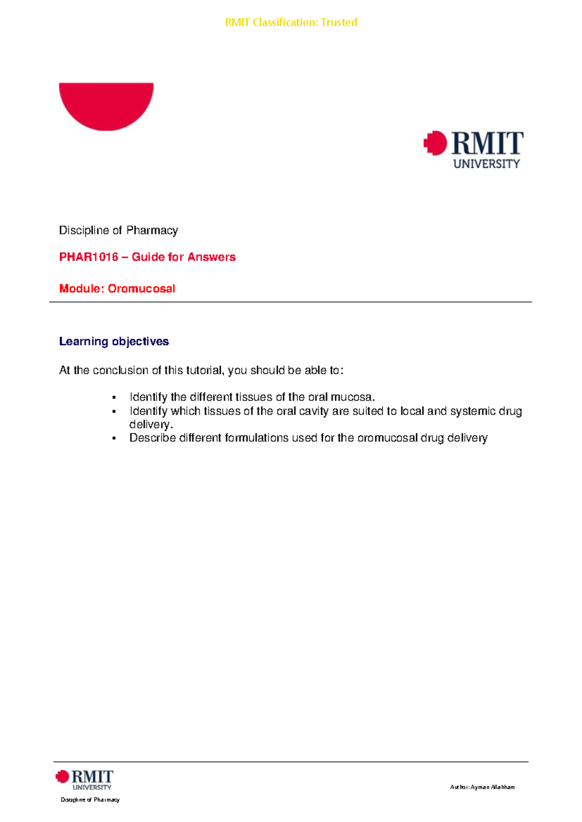 Tutorial Oromucosal DD Guide for Answers 2022 published - Author: Ayman ...