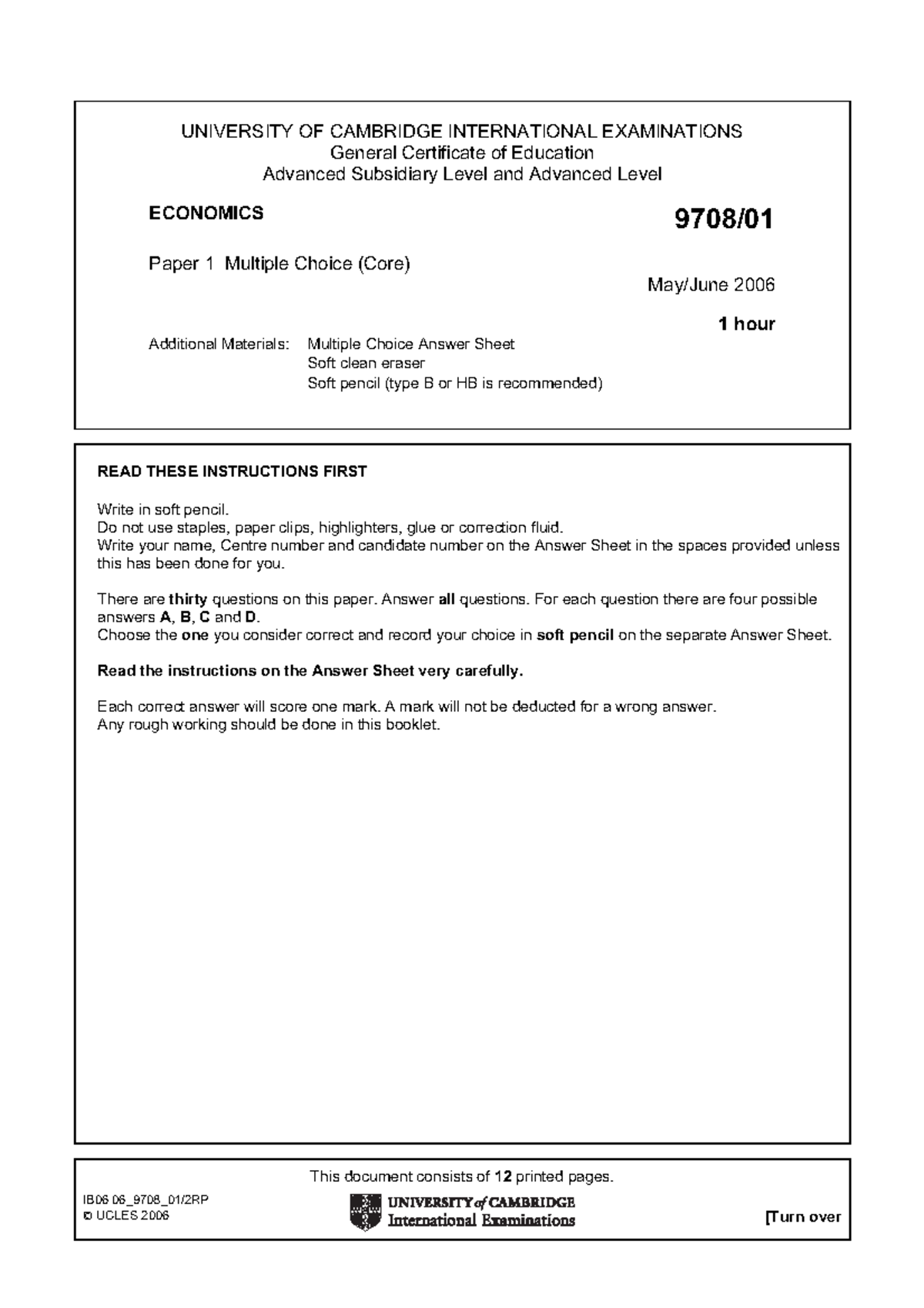 9708 s06 qp 1 - Past paper for 2006 9708 - UNIVERSITY OF CAMBRIDGE ...