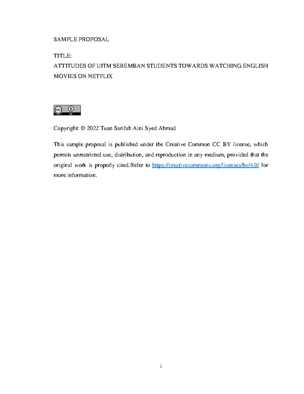 EWC661 Sample Proposal 2022 - i SAMPLE PROPOSAL TITLE: ATTITUDES OF ...