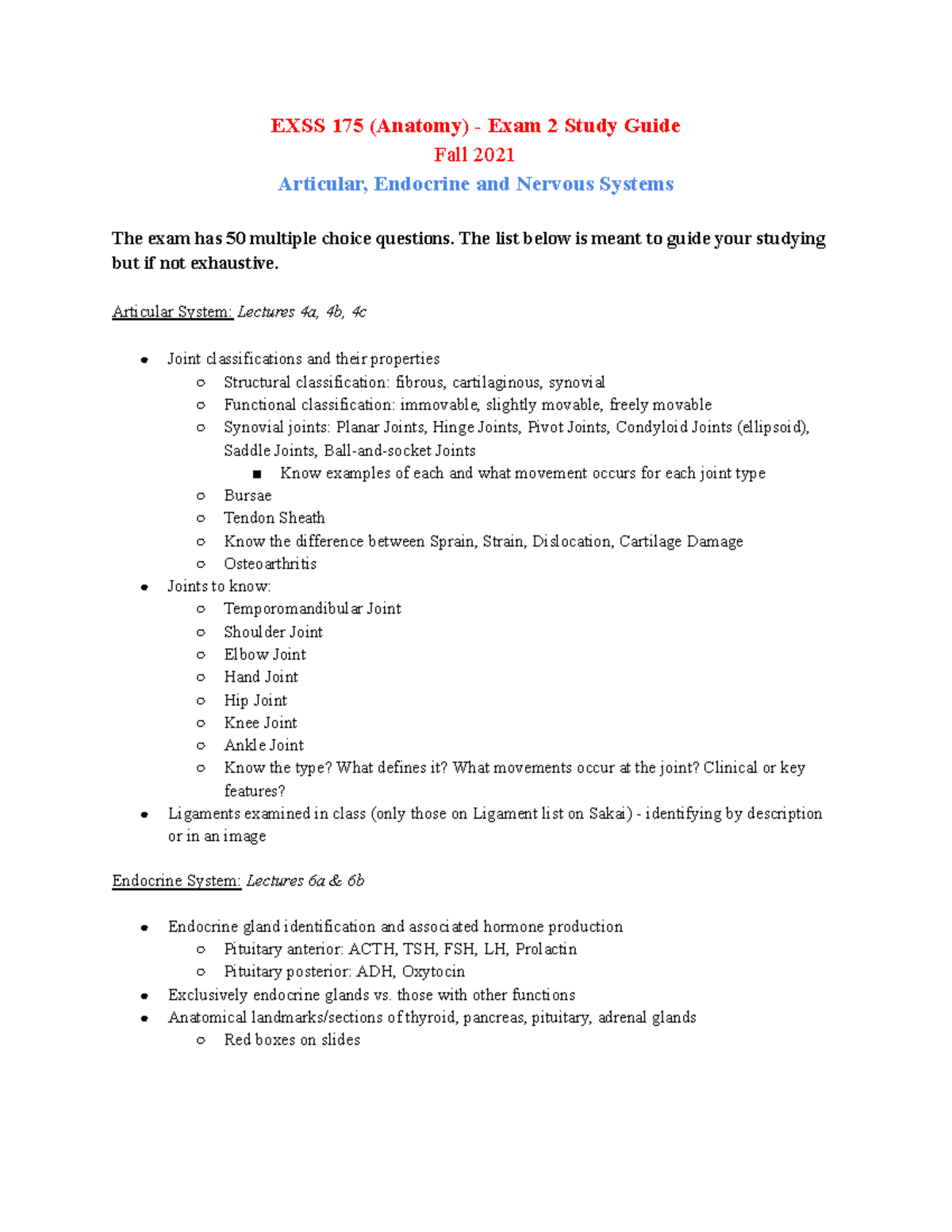 EXSS 175 Exam 2 Study Guide - EXSS 175 (Anatomy) - Exam 2 Study Guide ...
