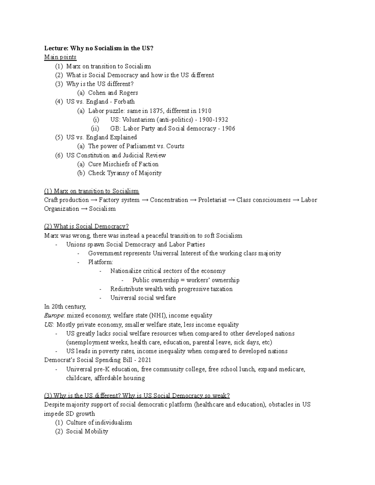 PS 386 Study Guide - Labor - Lecture: Why no Socialism in the US? Main ...