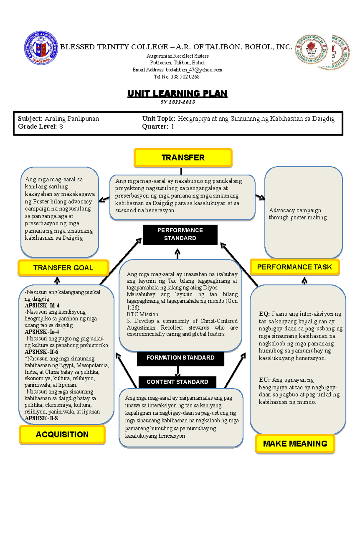 Revised-Unit-Learning-Plan - BLESSED TRINITY COLLEGE – A. OF TALIBON ...