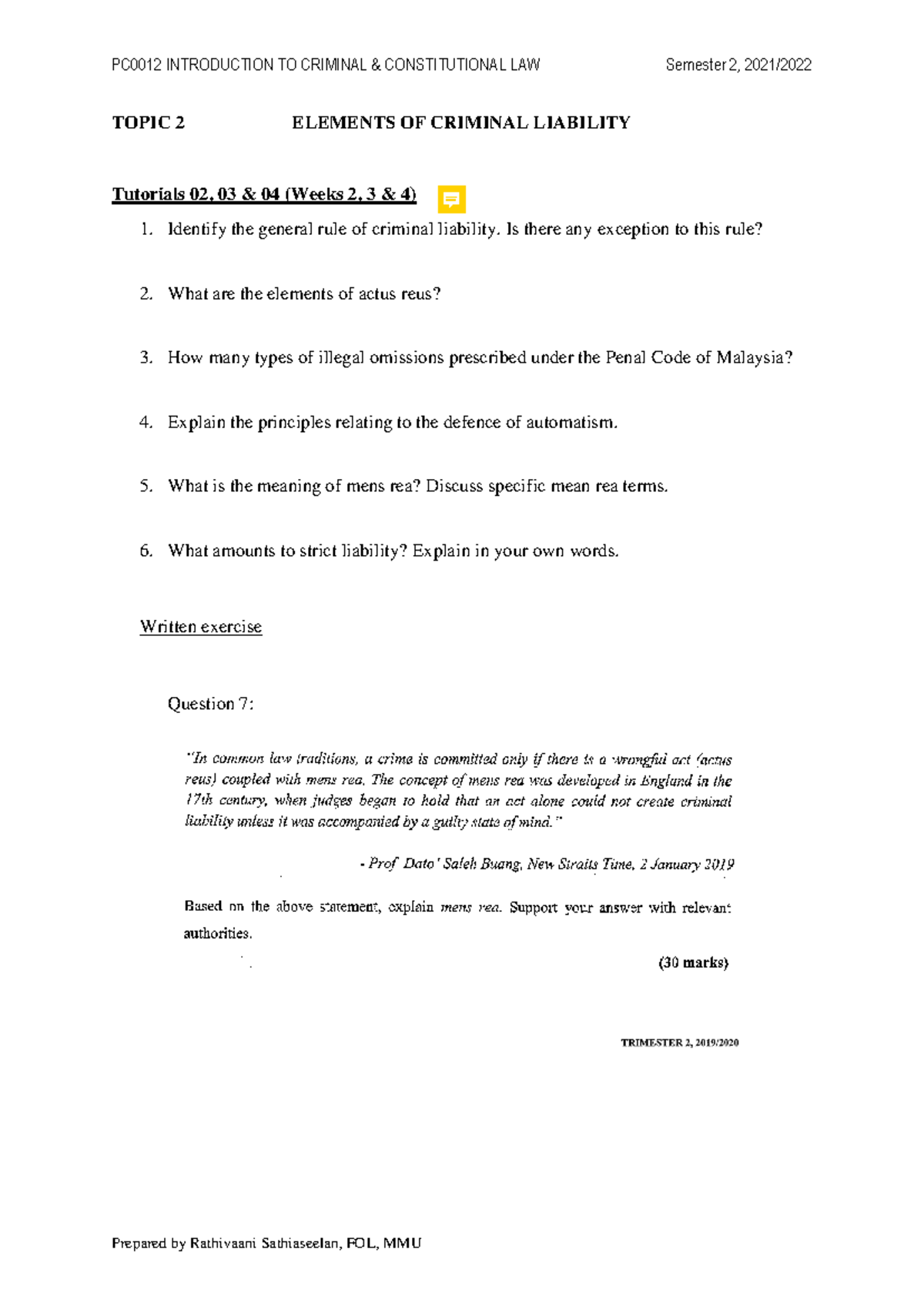 Topic 2 Elements OF Criminal Liability - PC0012 INTRODUCTION TO ...