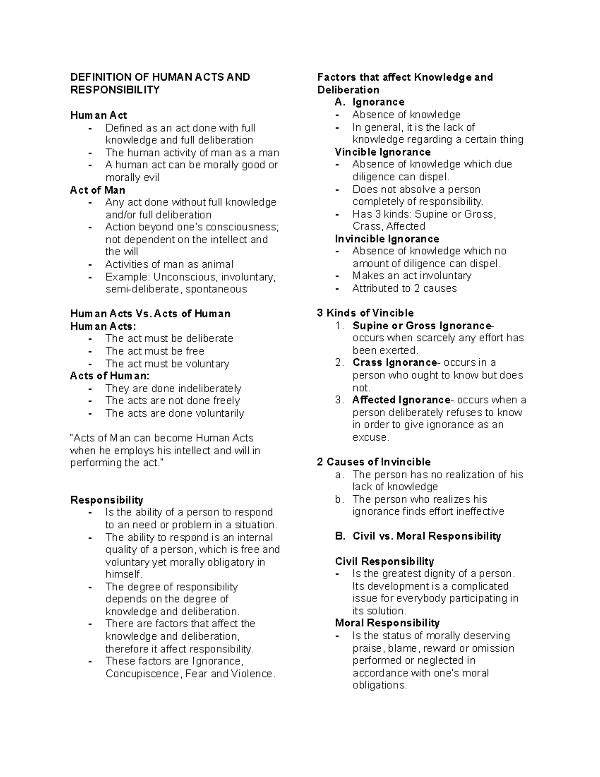 Ethics Midterm Topics - DEFINITION OF HUMAN ACTS AND RESPONSIBILITY ...