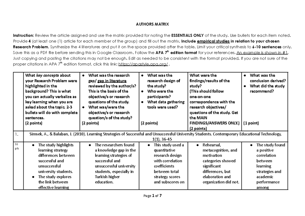 Authors matrix Practical Research 2 - AUTHORS MATRIX Instruction ...