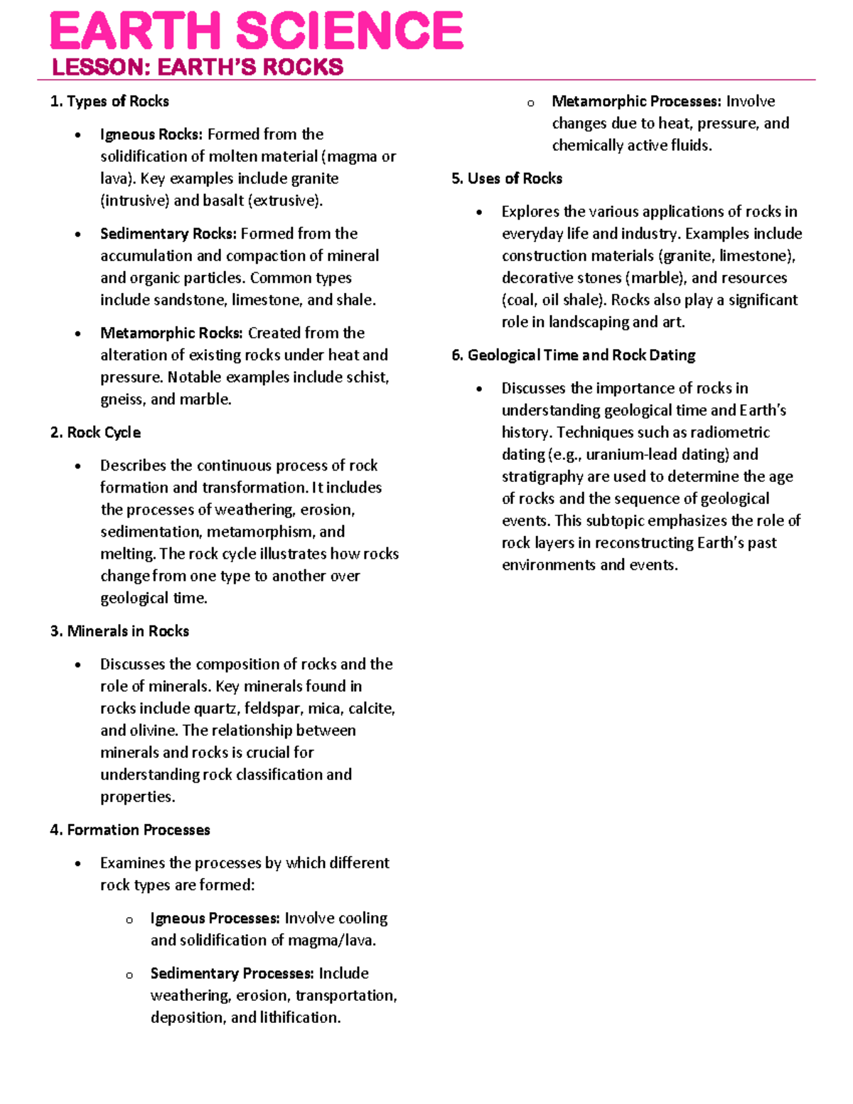 Earth Sci - Earth's Rocks - EARTH SCIENCE LESSON: EARTH’S ROCKS 1 ...