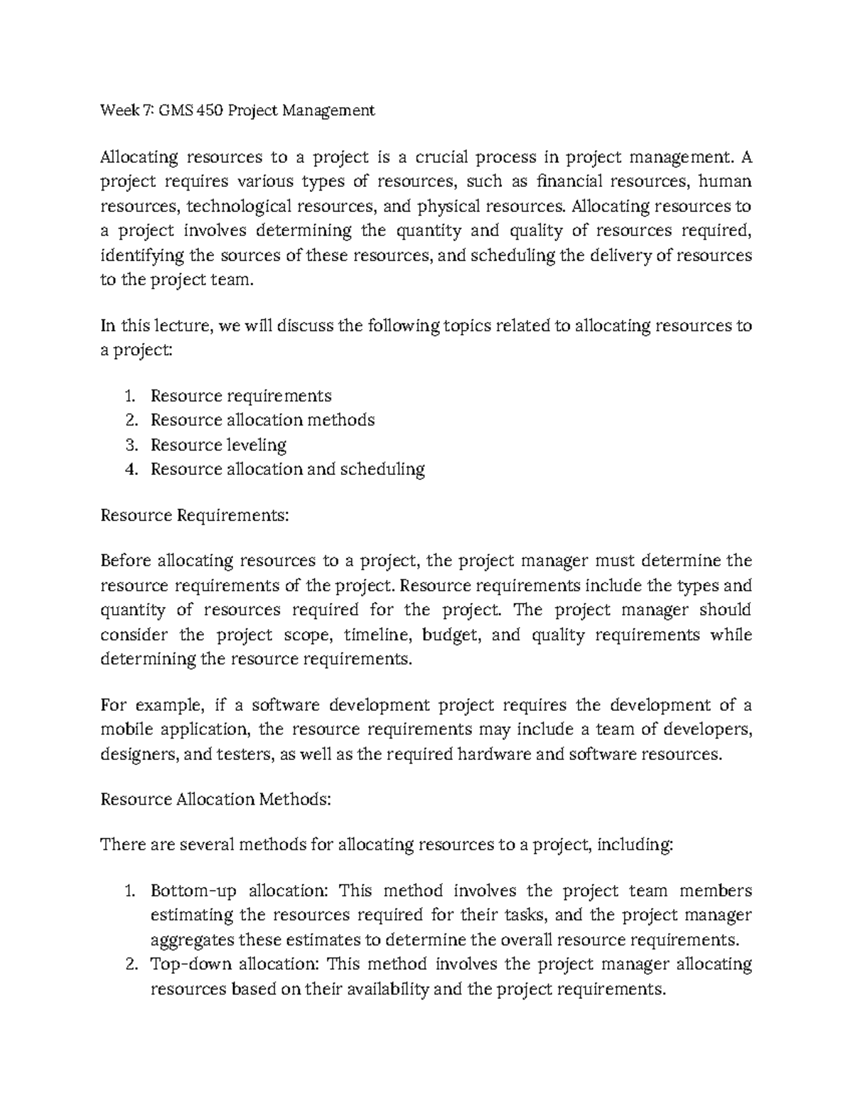 Week 7 GMS 450 Project Management - Week 7 GMS 450 Project Management Allocating resources to a ...