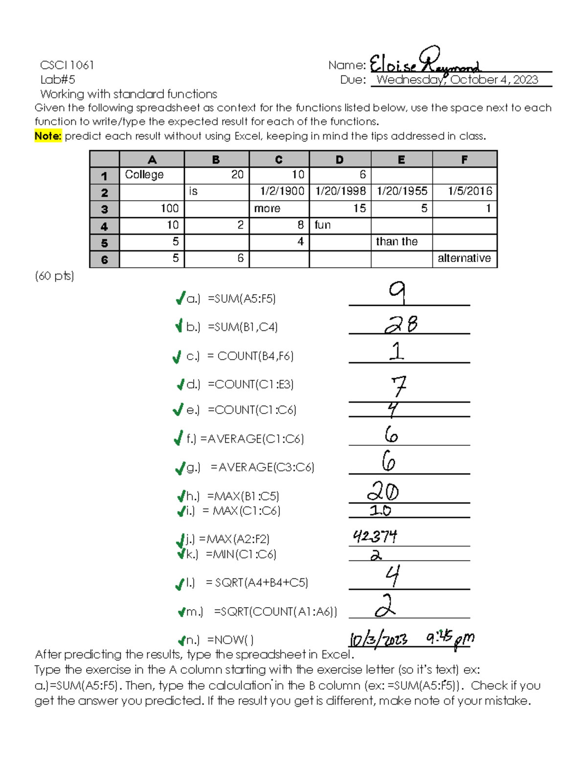Lab5 Just Review For Homework On Formulas Csci 1 061 Name Lab 5 Due Wednesday October 4 4546