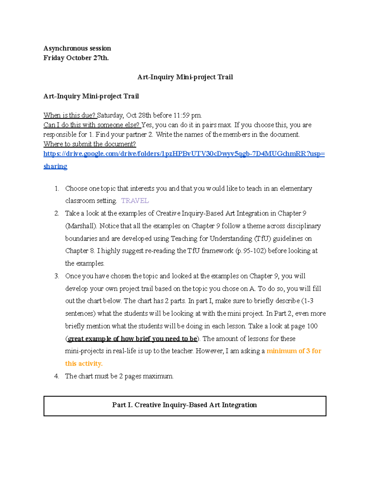 C&I 468 Asynchronous lesson - Asynchronous session Friday October 27th. Art-Inquiry Mini-project ...