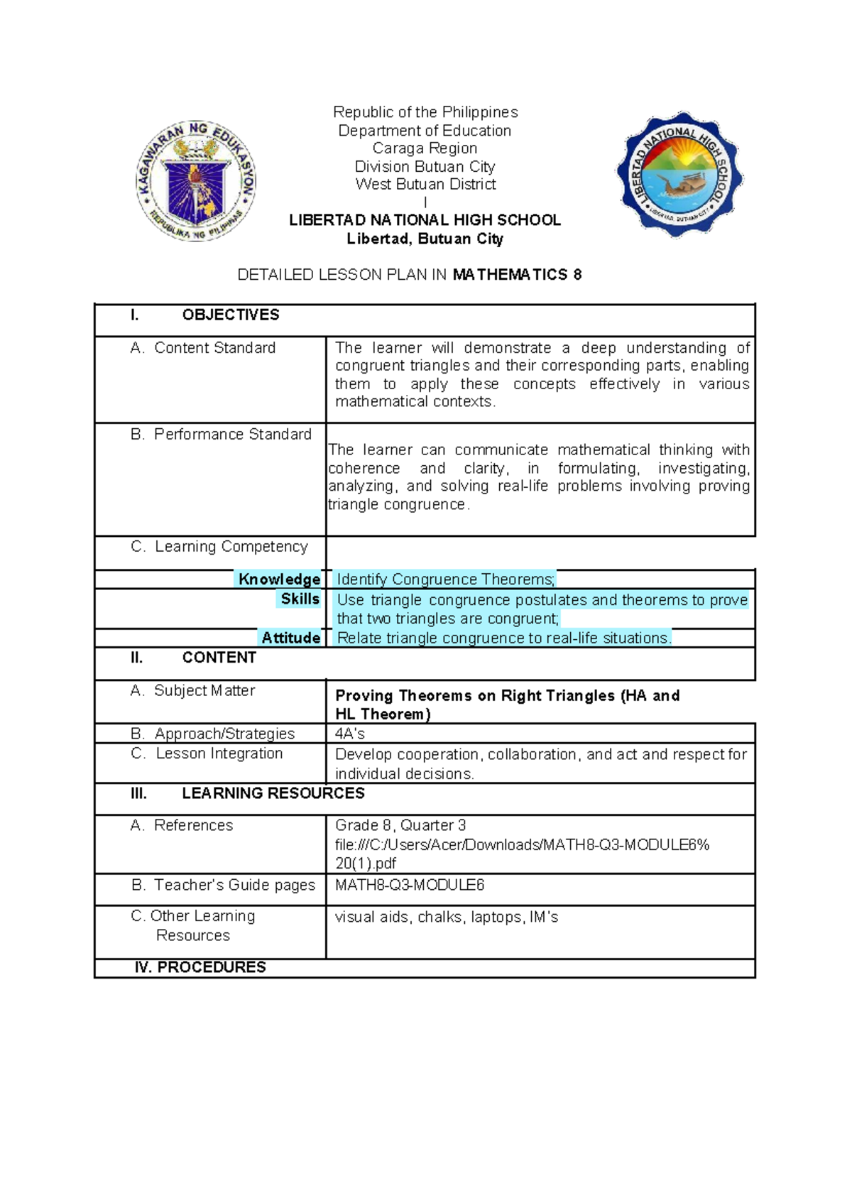 Detailed Lesson plan HA and HL Theorems - Republic of the Philippines ...