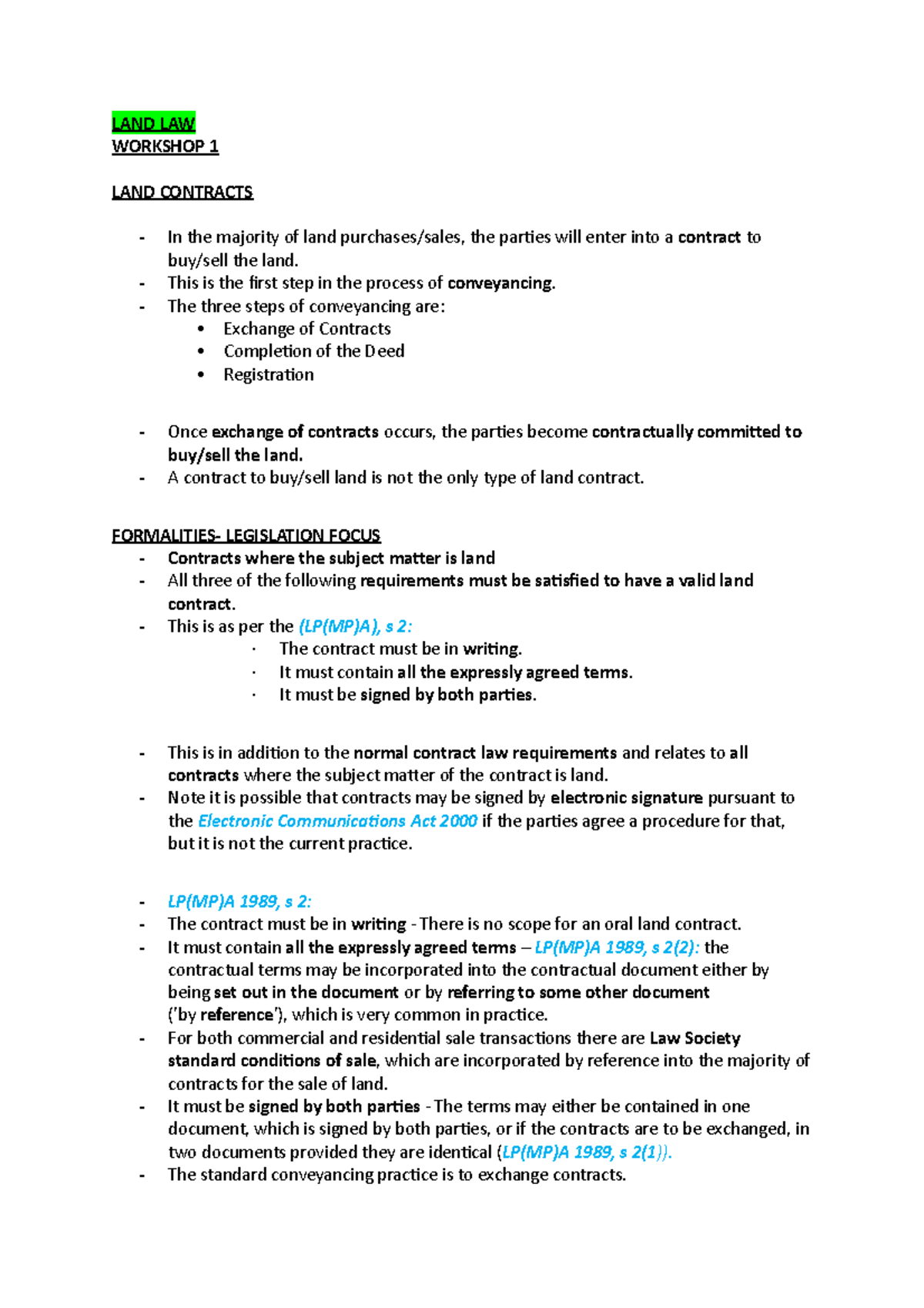 LAND Contracts - LAND LAW WORKSHOP 1 LAND CONTRACTS In the majority of ...