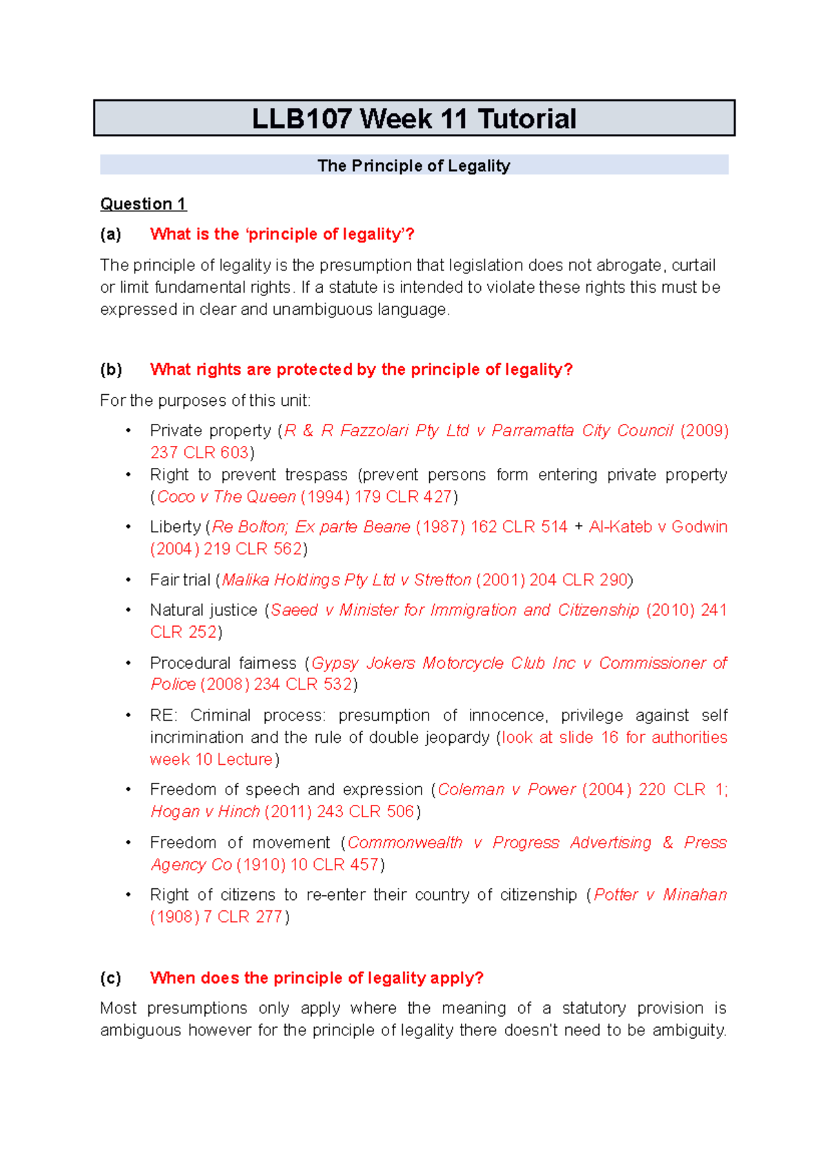 Week 11 Principle of Legality - LLB107 Week 11 Tutorial The Principle ...