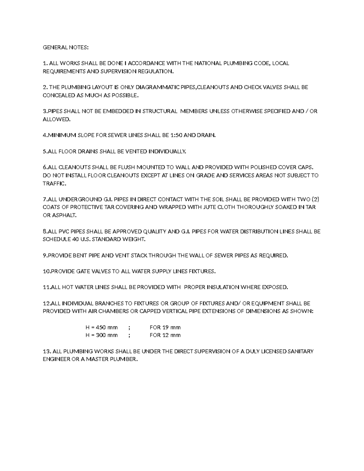 Plumbing- Notes - GENERAL NOTES: 1. ALL WORKS SHALL BE DONE I ...