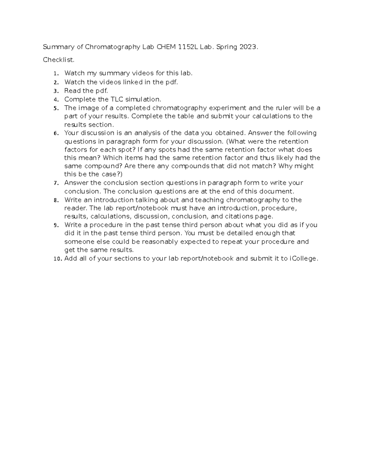 CHEM 1152L Lab Chromatography Document - Summary of Chromatography Lab ...