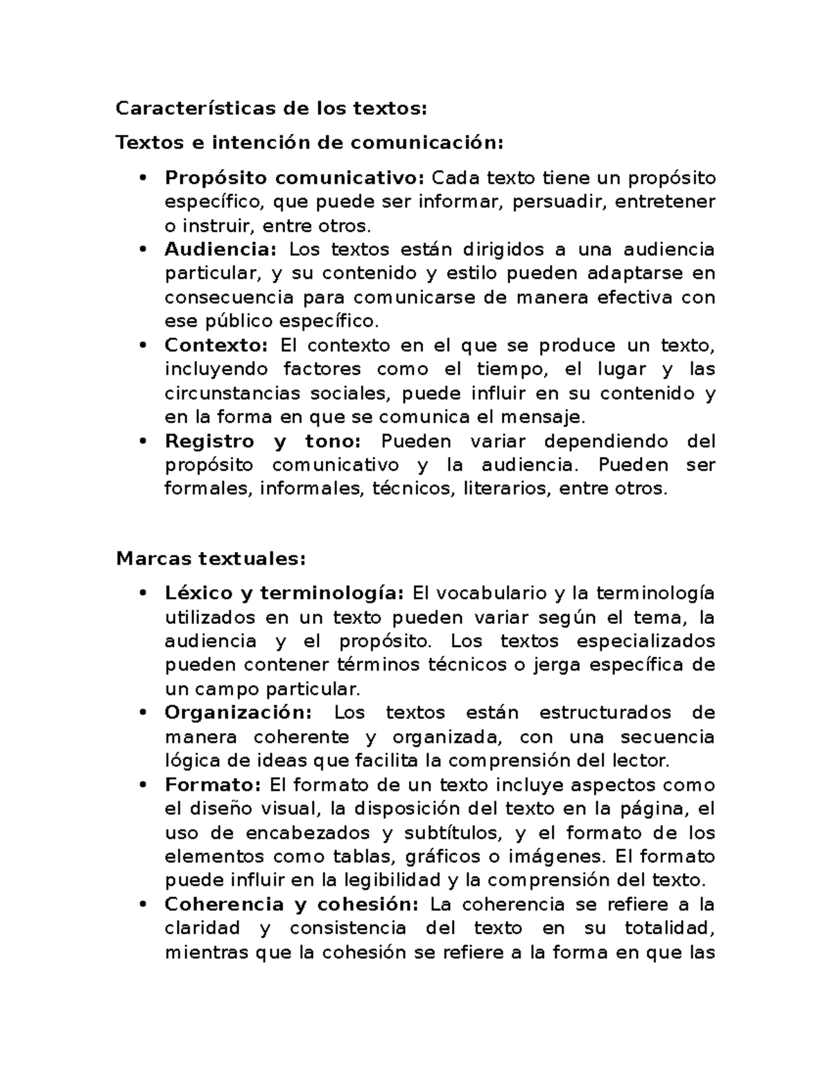 Características de los textos - Características de los textos: Textos e ...