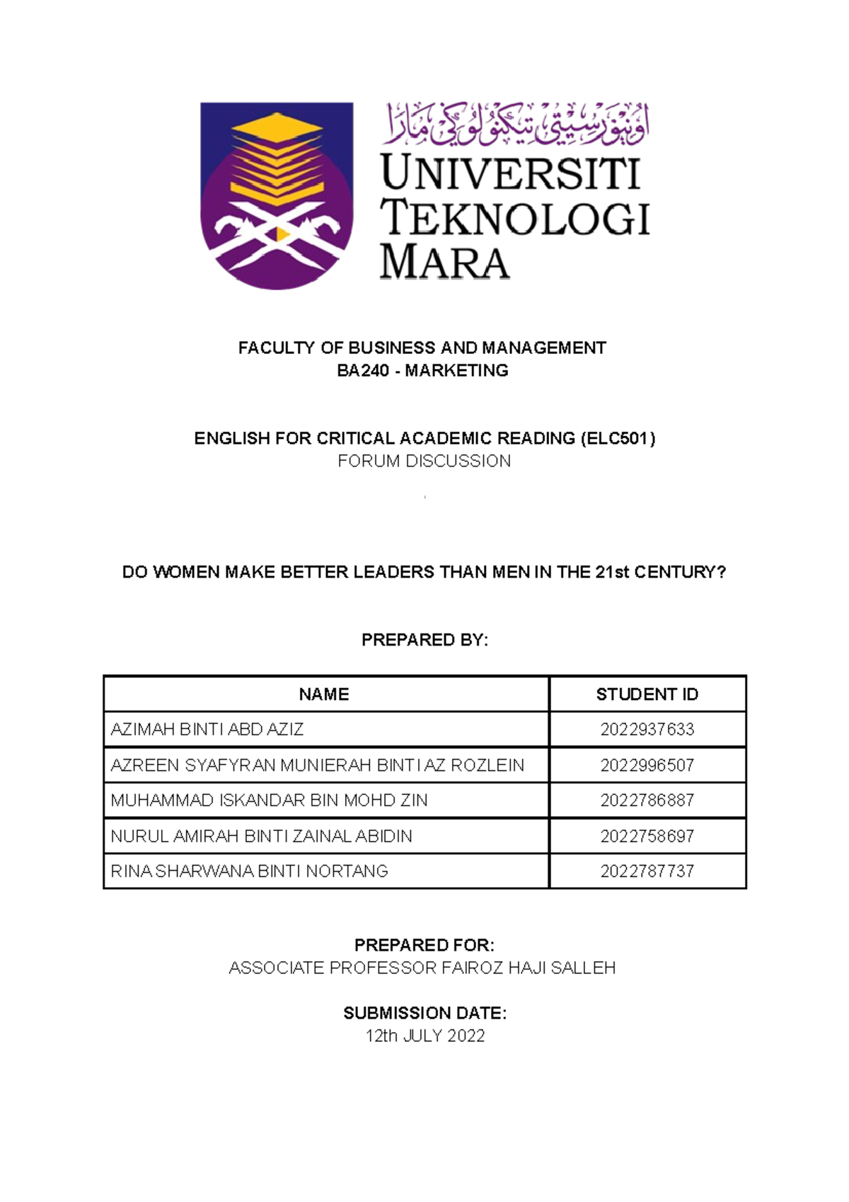 Group 2- Forum (ELC501) latest - FACULTY OF BUSINESS AND MANAGEMENT ...
